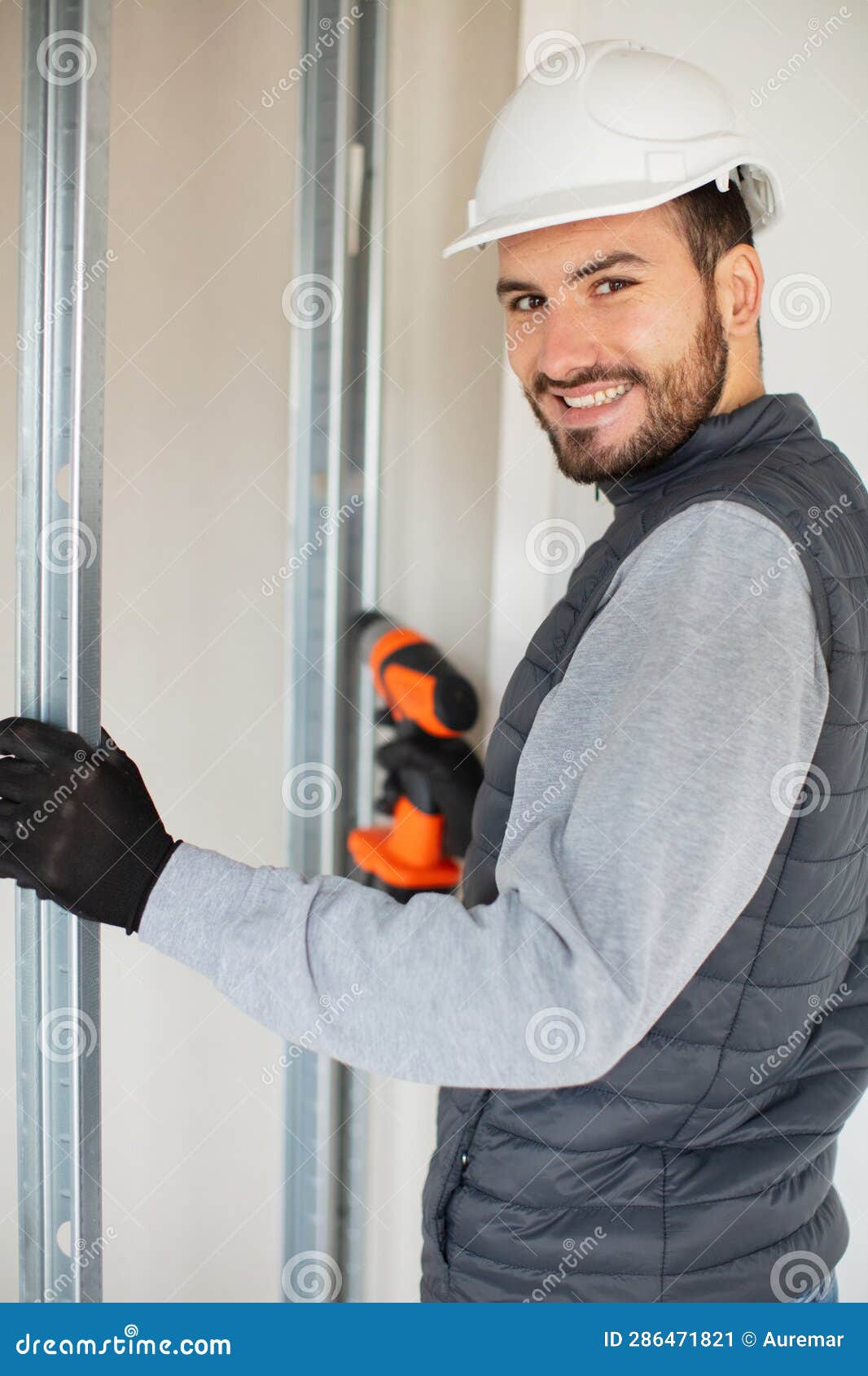 Portrait Young Young Worker Installing Doors Stock Image - Image of ...
