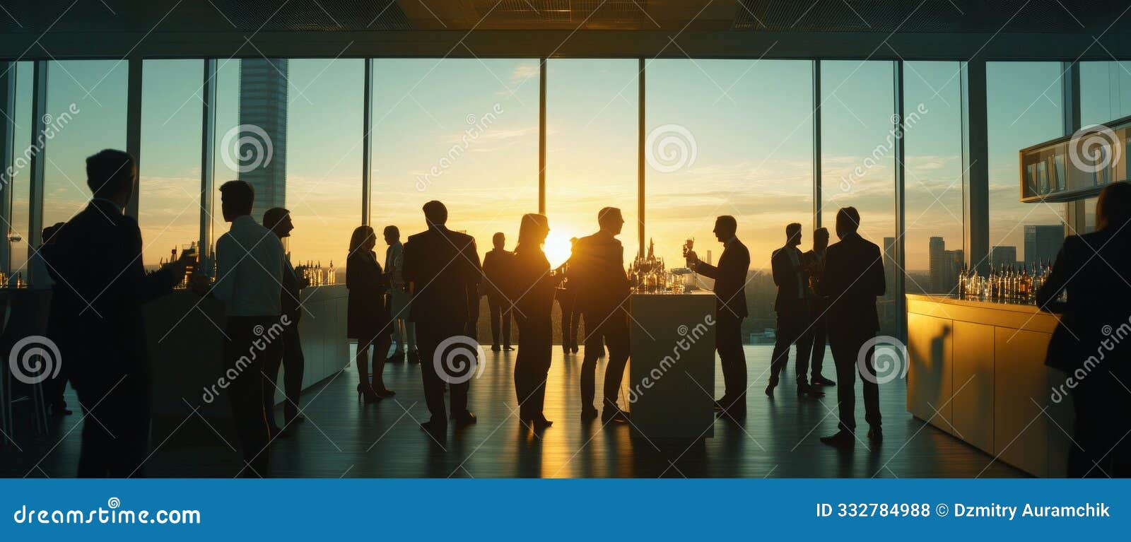 Portraits of Professionals Mingling during a Sunset-lit Corporate ...