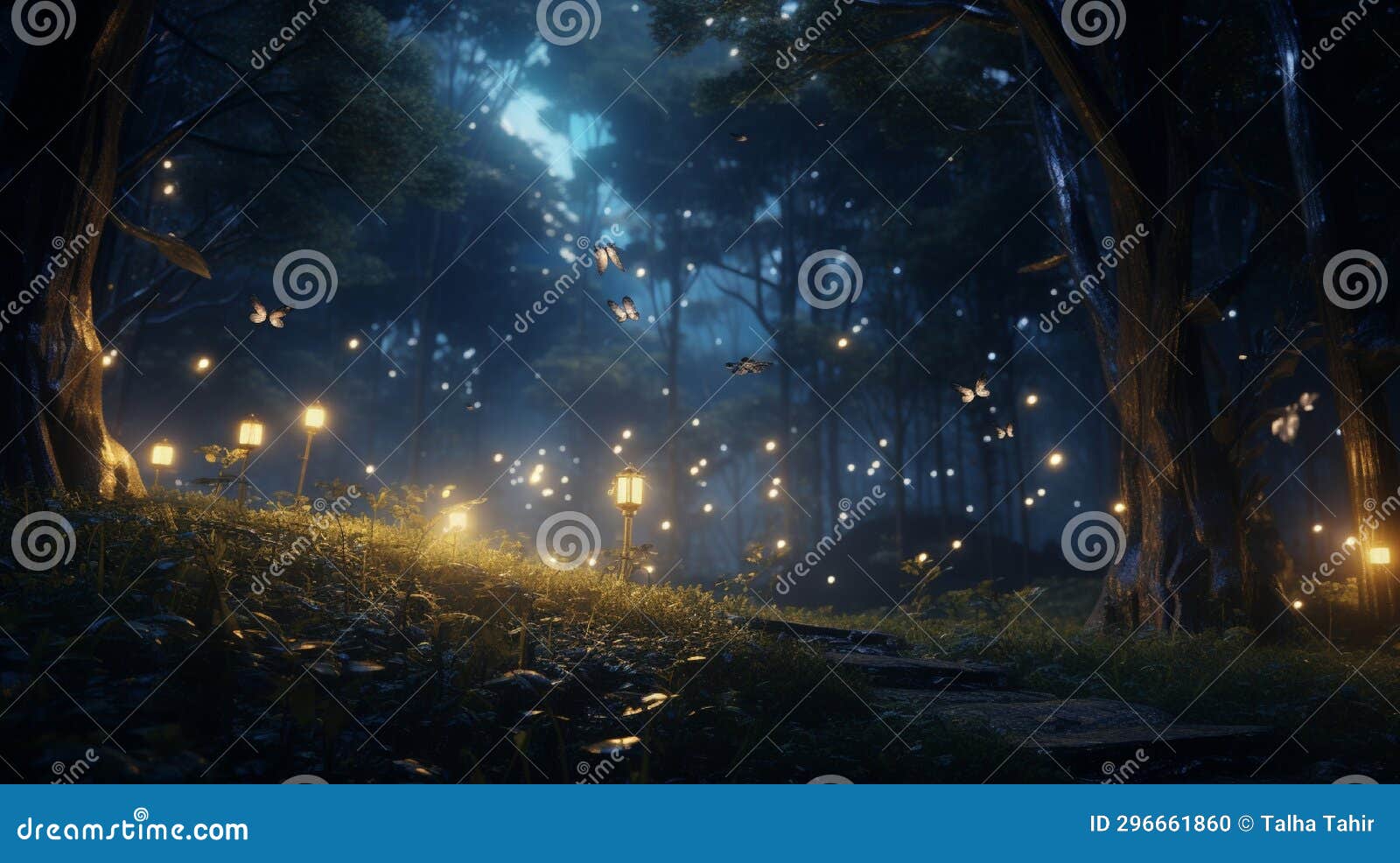 A Moonlit Forest with Fireflies in Flight Stock Illustration ...