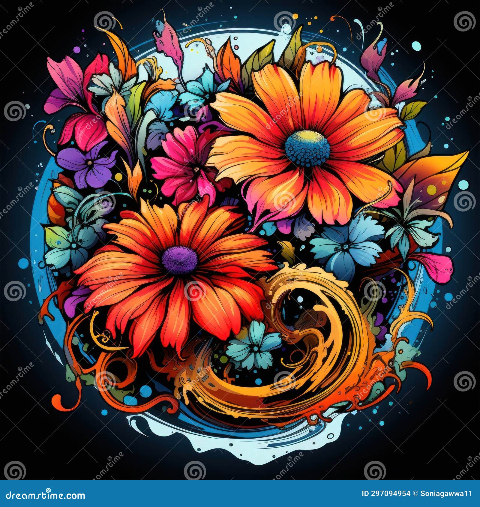 Portrayal of a Marigold, with Vibrant Neon Colors, Swirling Patterns ...