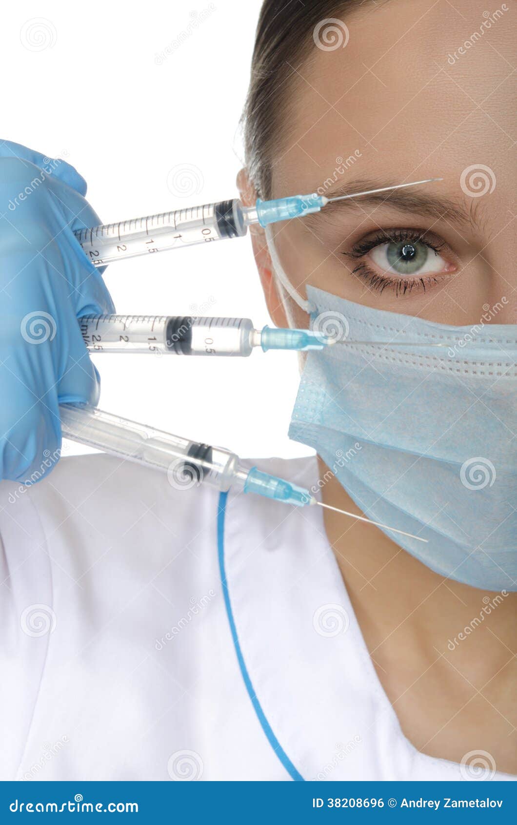 Portret Lekarka W Masce Z Strzykawkami Zdjęcie Stock - Obraz złożonej z ...