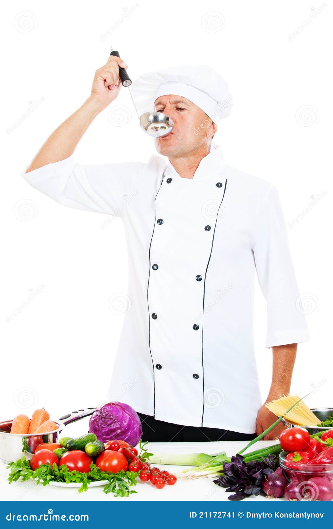 Portret Van Chef-kok Met Gietlepel Stock Afbeelding - Image of beroep ...