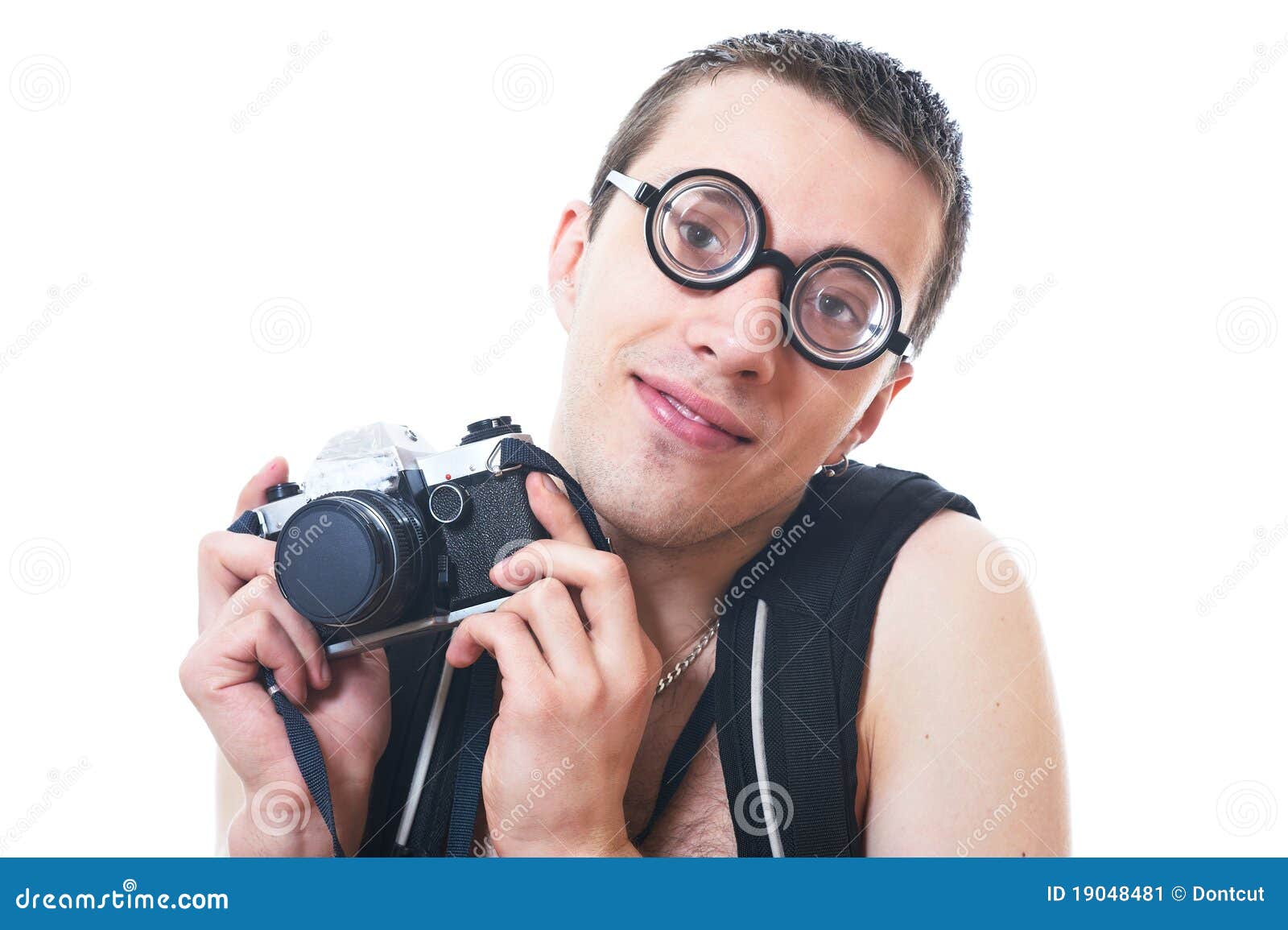 Portret Van Een Jonge Nerd Met Ouderwetse Camera Stock Afbeelding ...