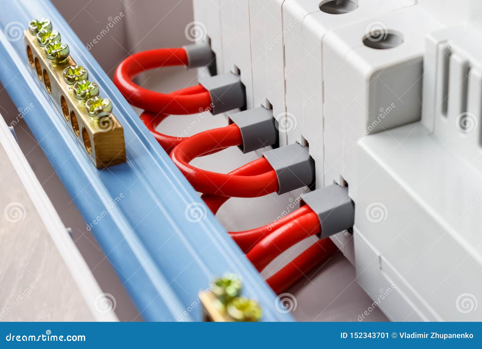 Ports of Automatic Circuit Breakers Connected by Red Wires Closeup ...