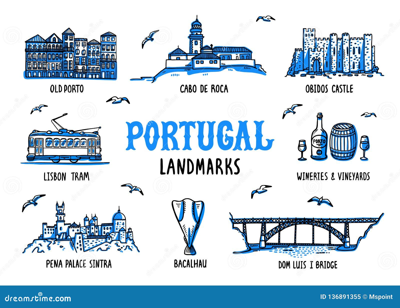 Portugal Landmarks Set. Handdrawn Sketch Style Vector Illustration ...
