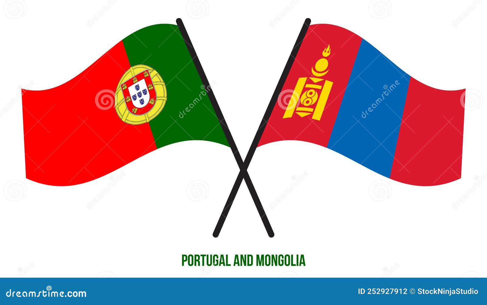 Portugal And Mongolia Flags Crossed And Waving Flat Style Official