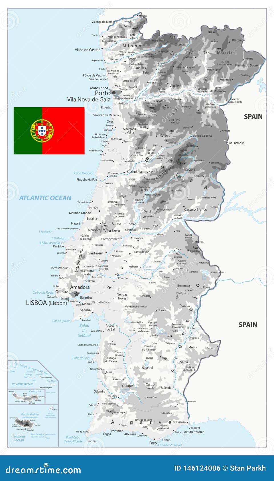 Portugal Physical Map Vintage Colors Vector Illustration ...