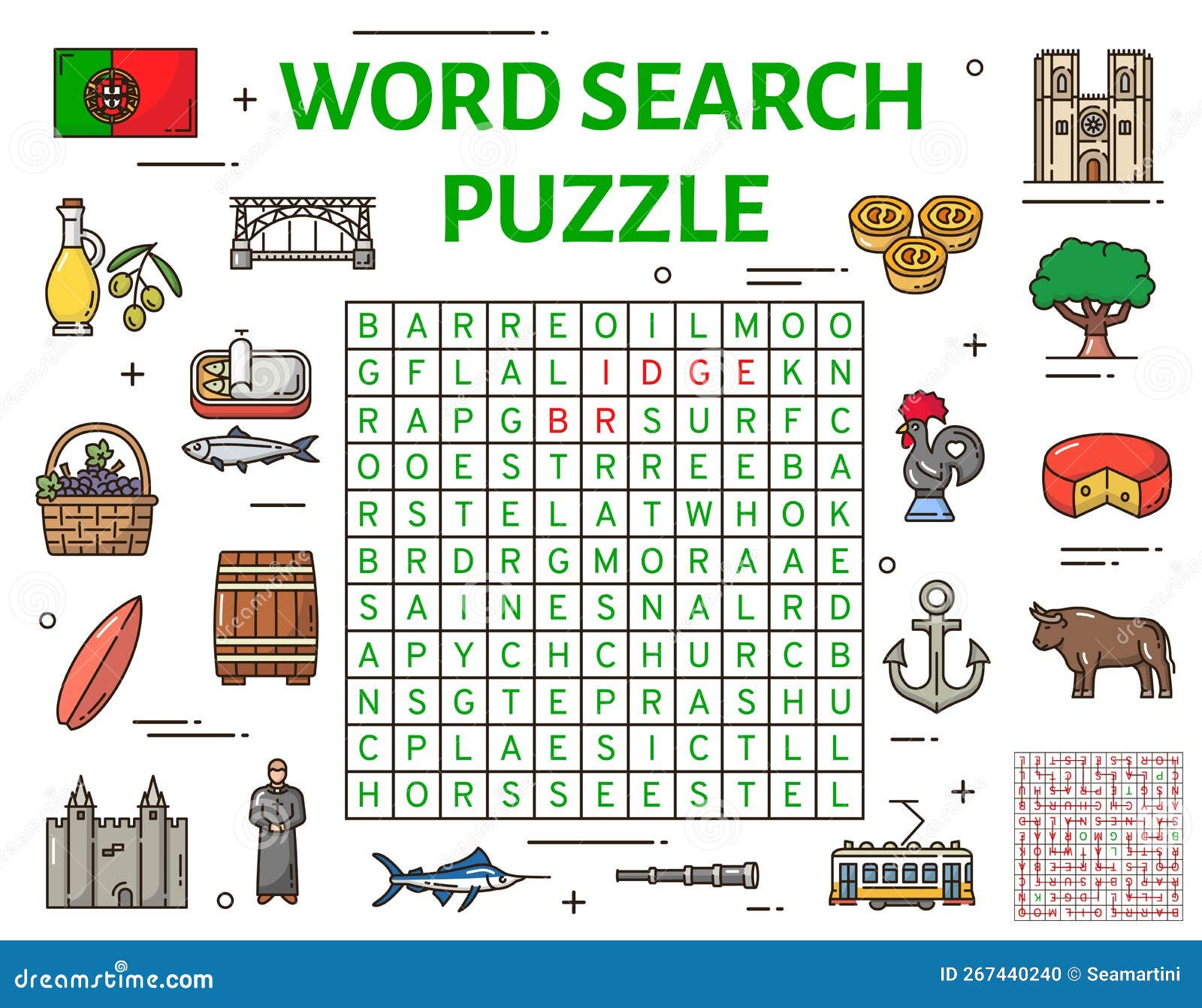 Portugal Symbols Word Search Puzzle Game Worksheet Stock Illustration