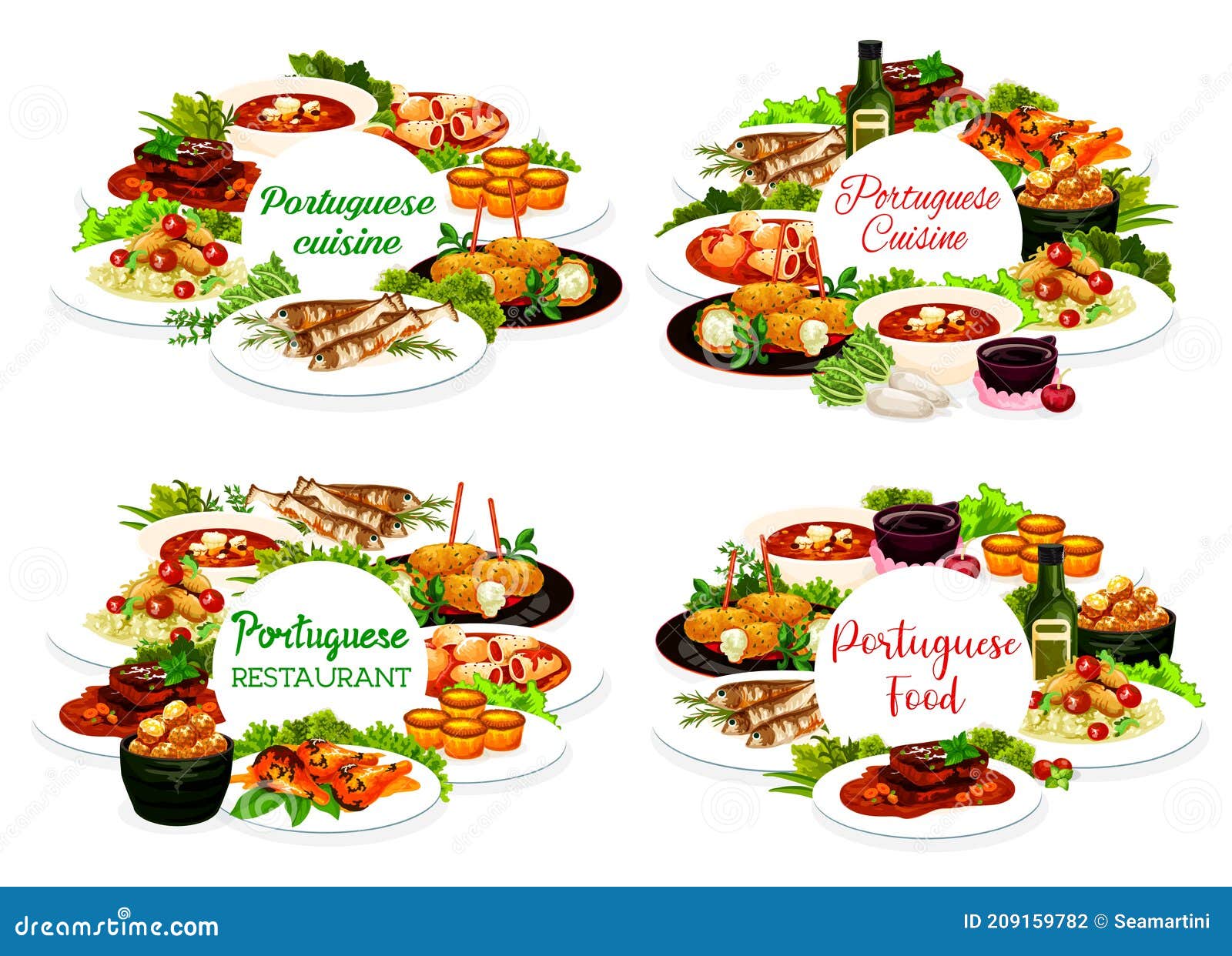 Portuguese Restaurant Menu Meals Round Frames Set Stock Vector ...