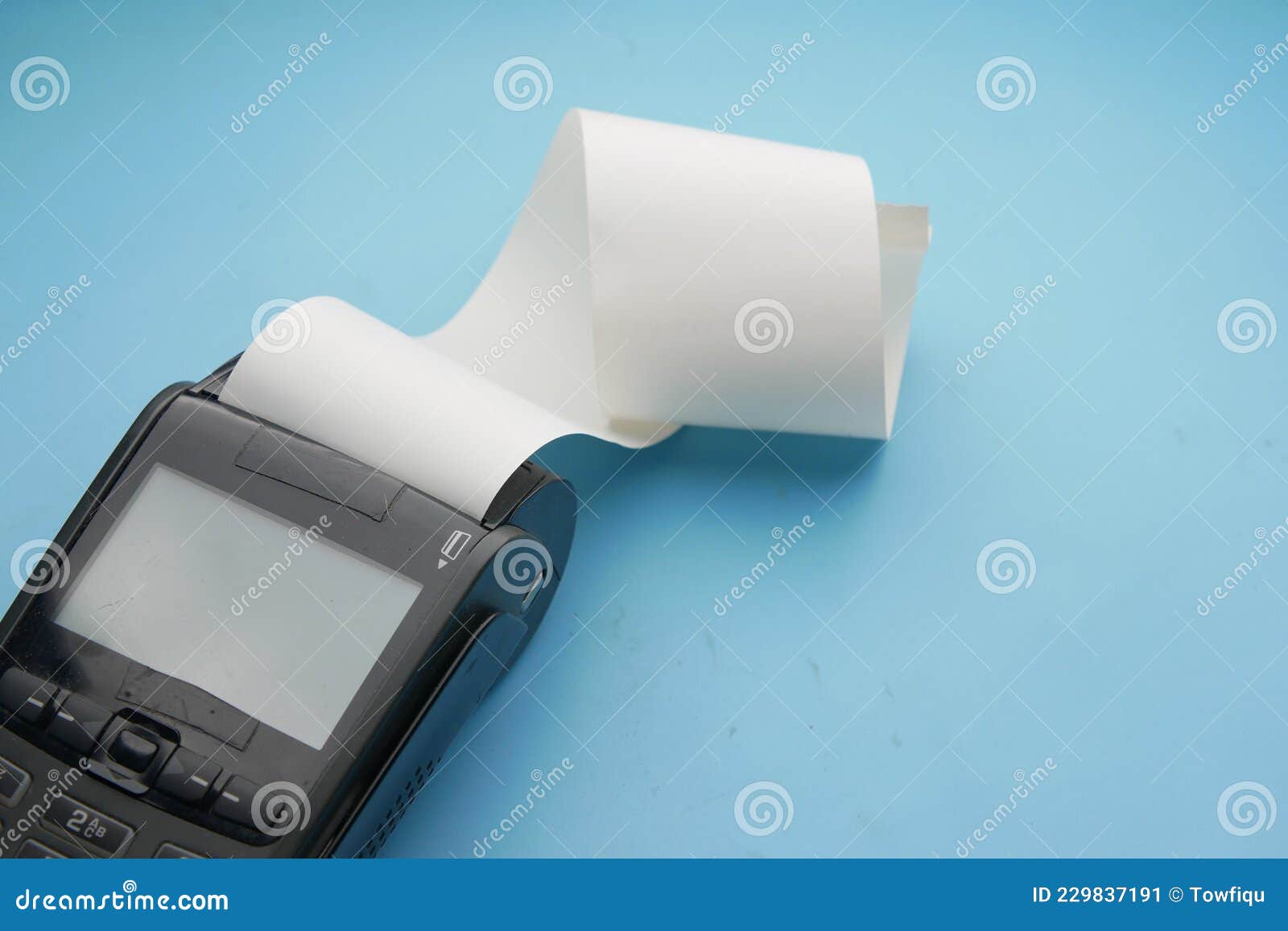 POS Machine and Long Roll Paper on Blue . Stock Image - Image of bank ...