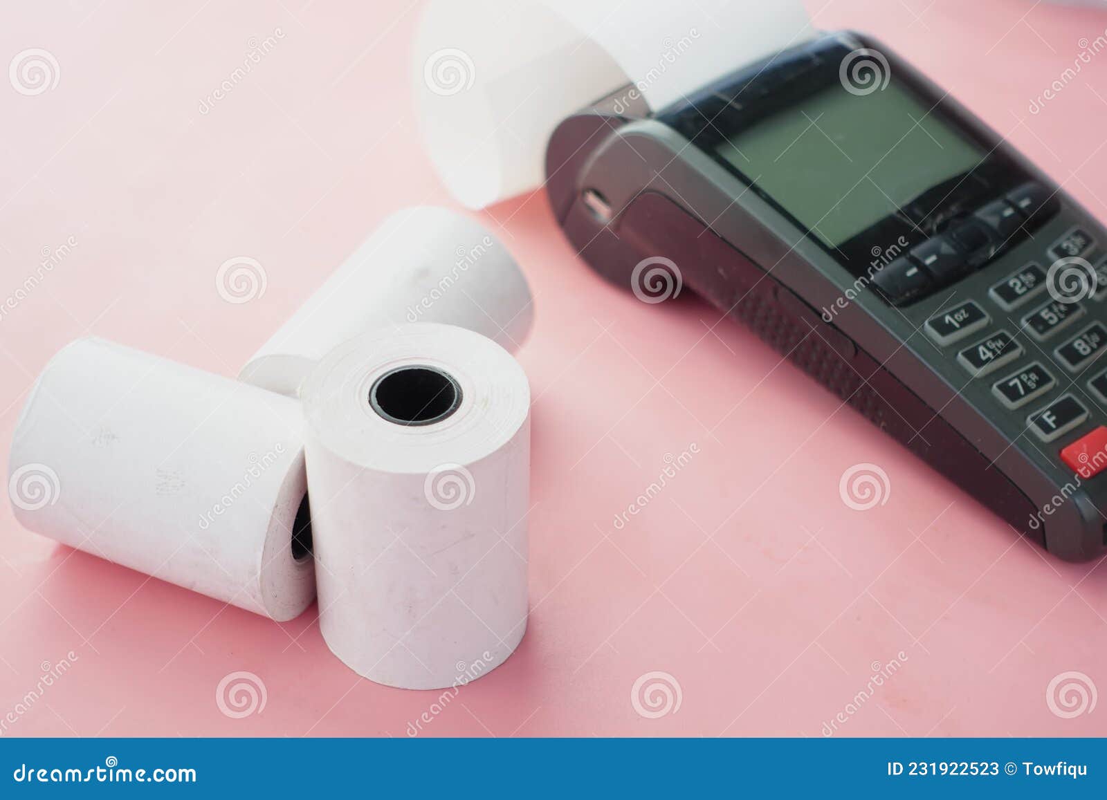 POS Machine and Long Roll Paper on Blue . Stock Image - Image of paying ...