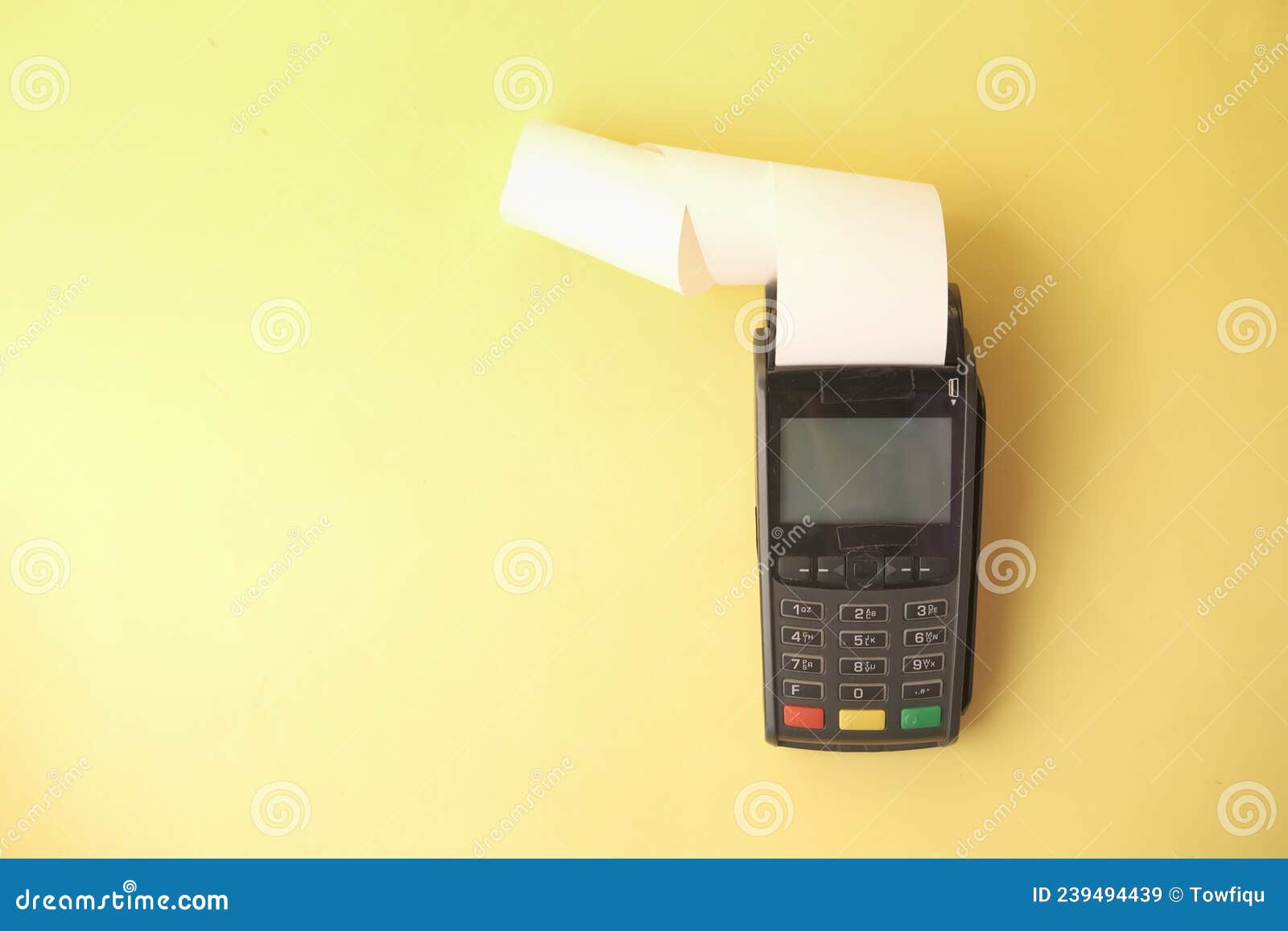 POS Machine and Long Roll Paper on Blue . Stock Image - Image of blank ...