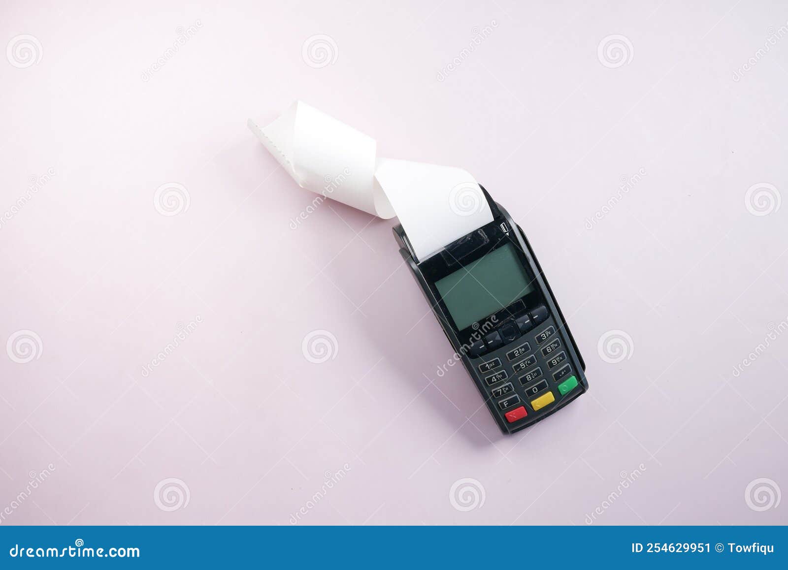 POS Machine and Long Roll Paper on Blue . Stock Image - Image of ...