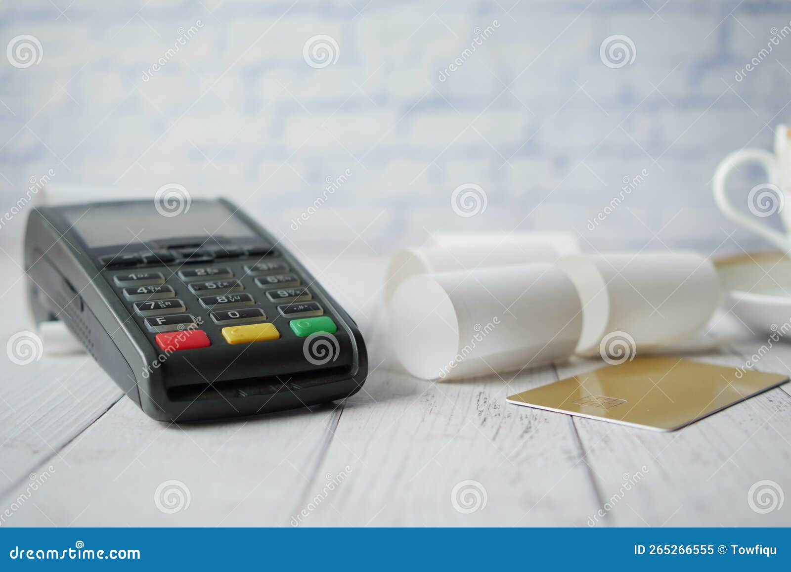 POS Machine and Long Roll Paper on Blue . Stock Image - Image of ...