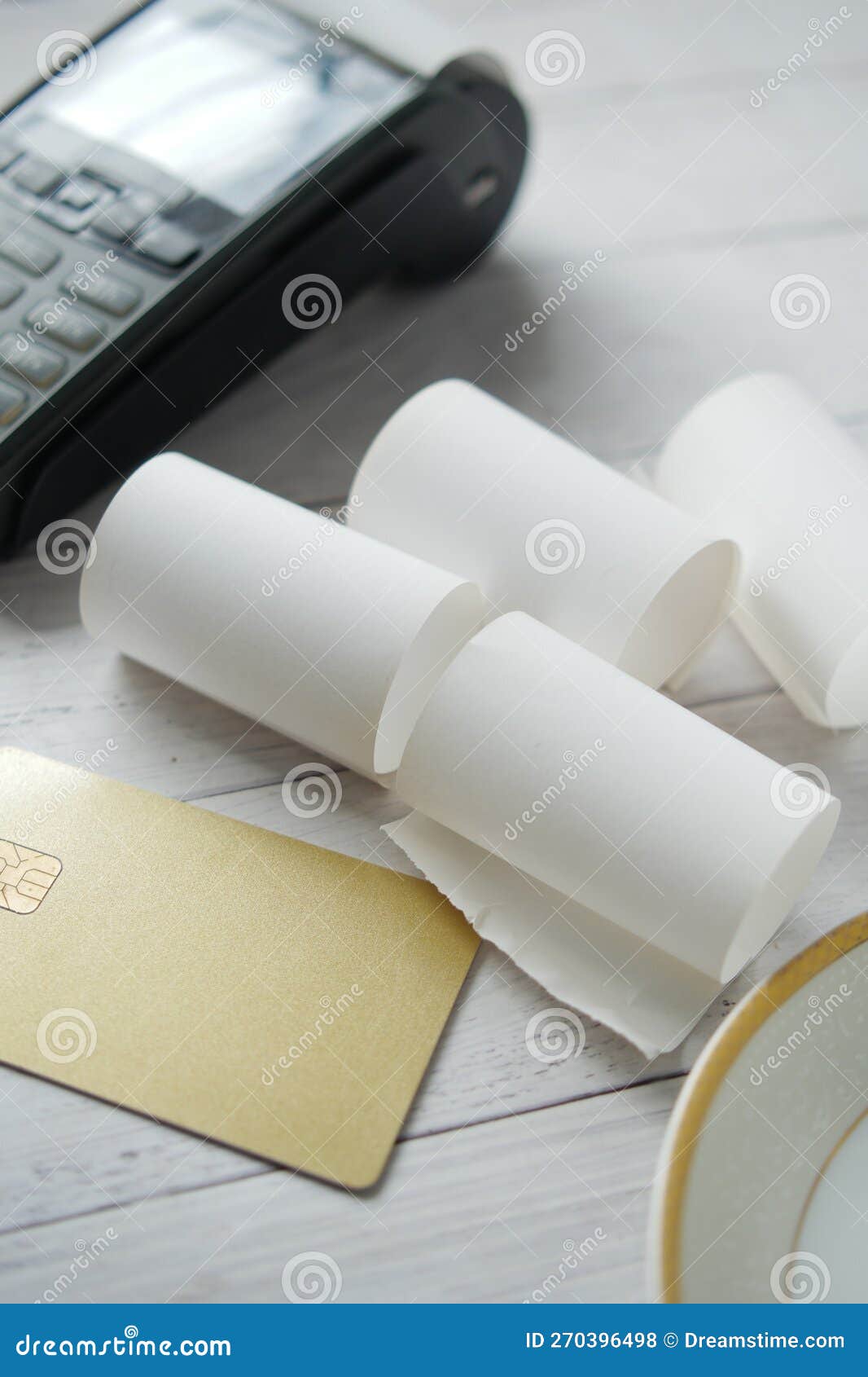 POS Machine and Long Roll Paper on Blue . Stock Photo - Image of retail ...
