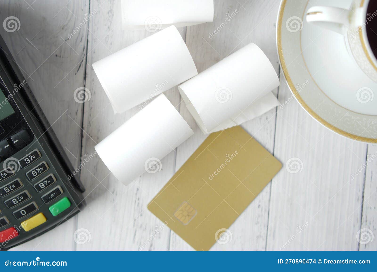 POS Machine and Long Roll Paper on Blue . Stock Photo - Image of ...
