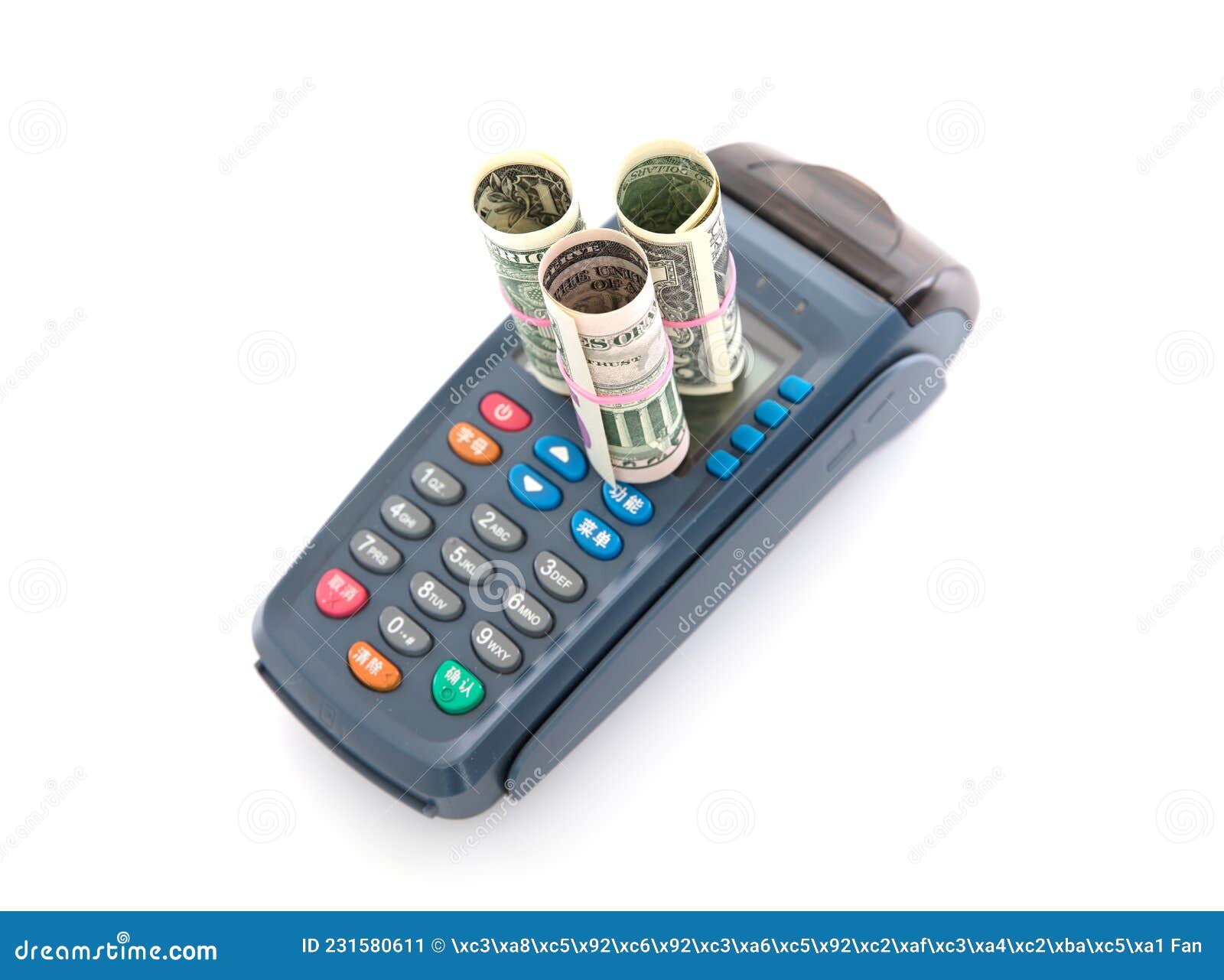 POS Machine on White Background and Dollar Bill on Machine Stock Image ...