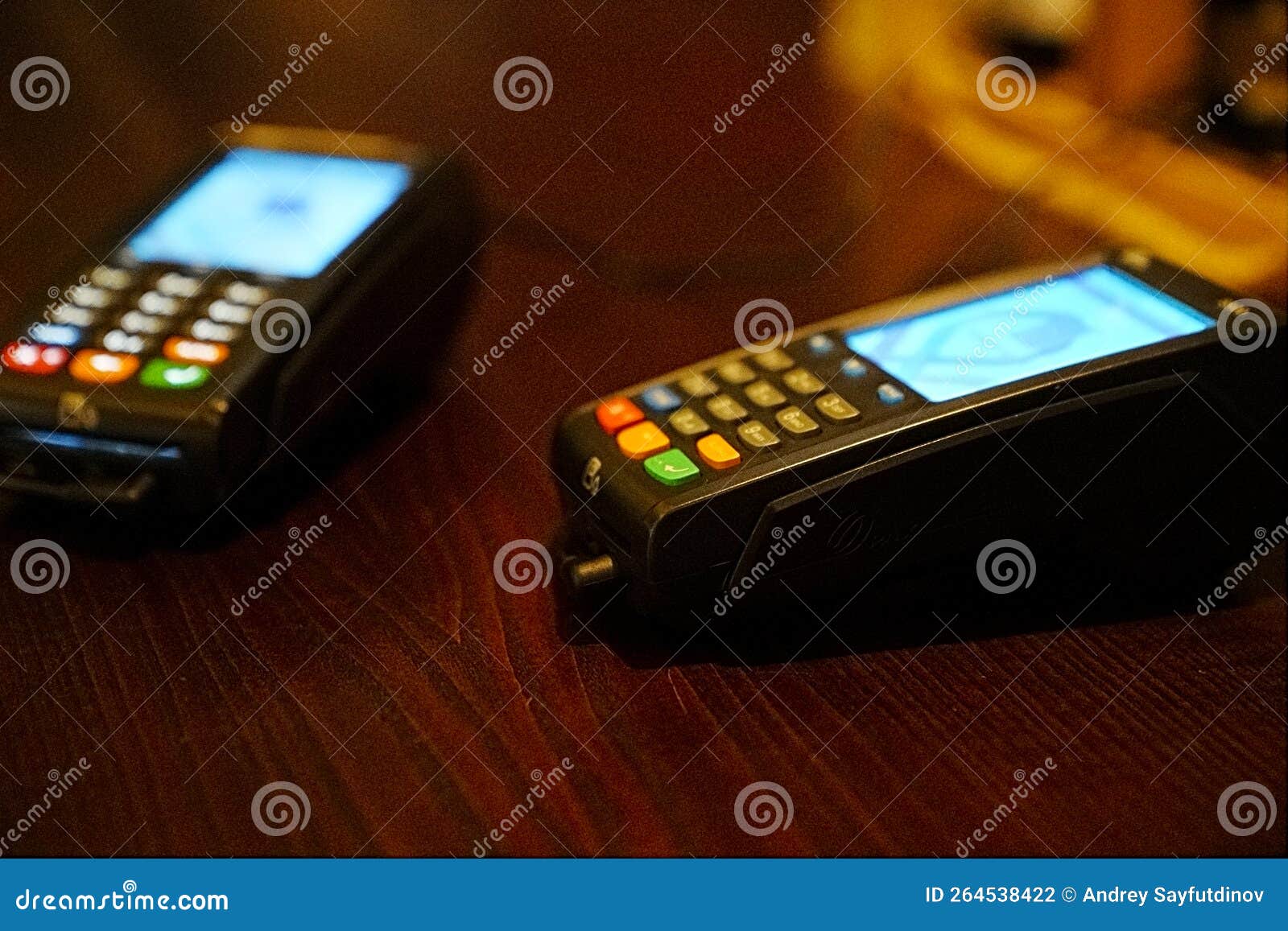 A POS Terminal on a Table in a Dark Room. Stock Photo - Image of ...