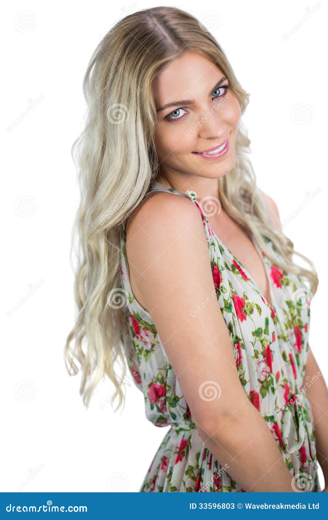 Pose Fleurie De Port Blonde Attrayante De Sourire De Robe Image Stock