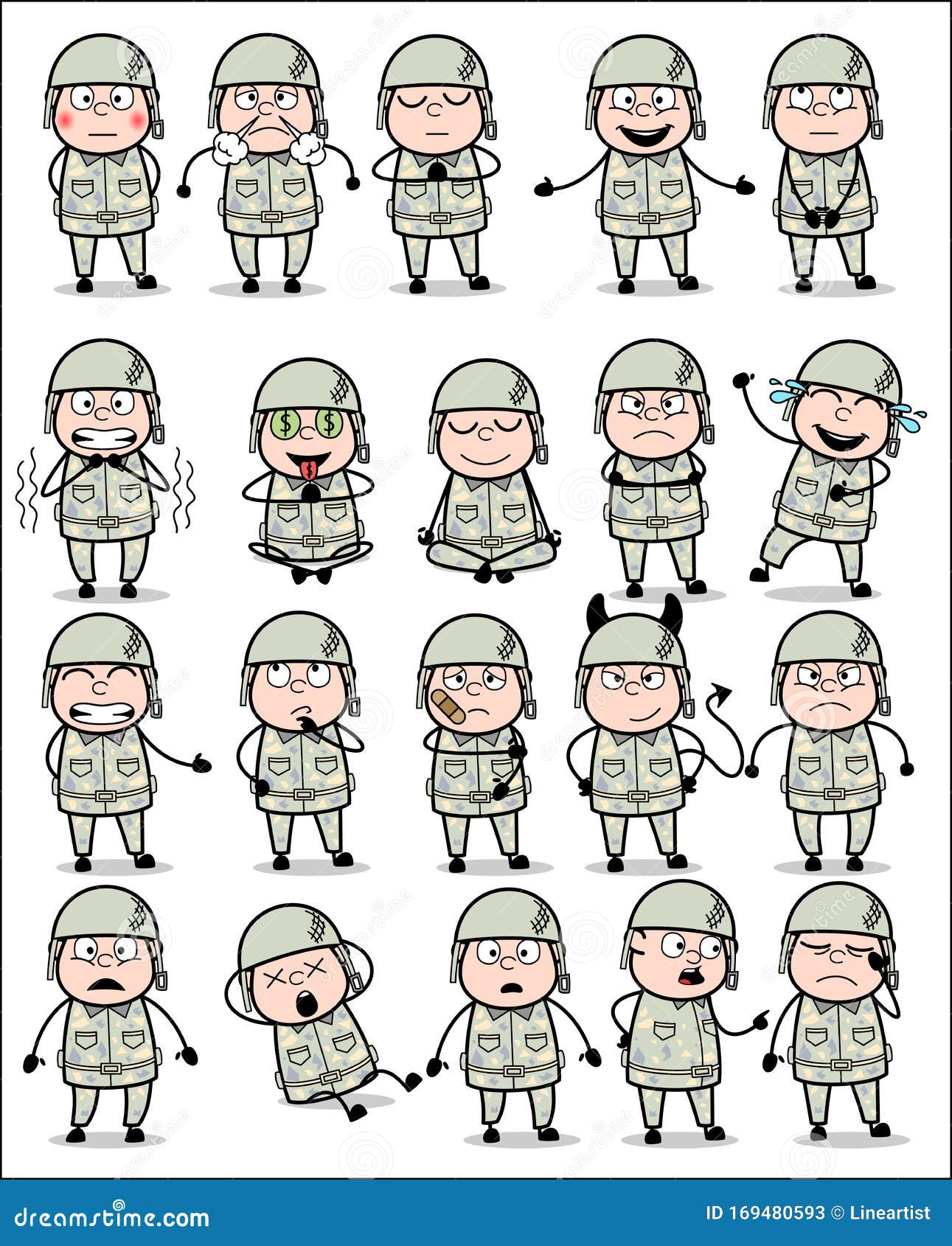 Poses of Cartoon Army Man - Set of Concepts Vector Illustrations Stock ...