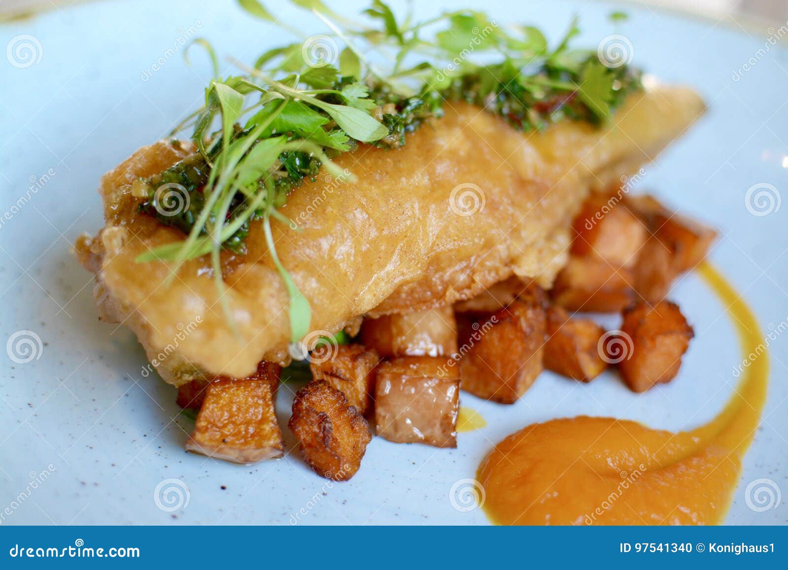 Posh fish and chips stock photo. Image of puree, garnish - 97541340