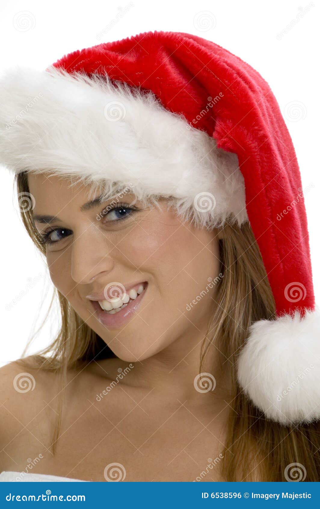 Posing Smiling Lady with Santa Cap Stock Photo - Image of pose, space ...