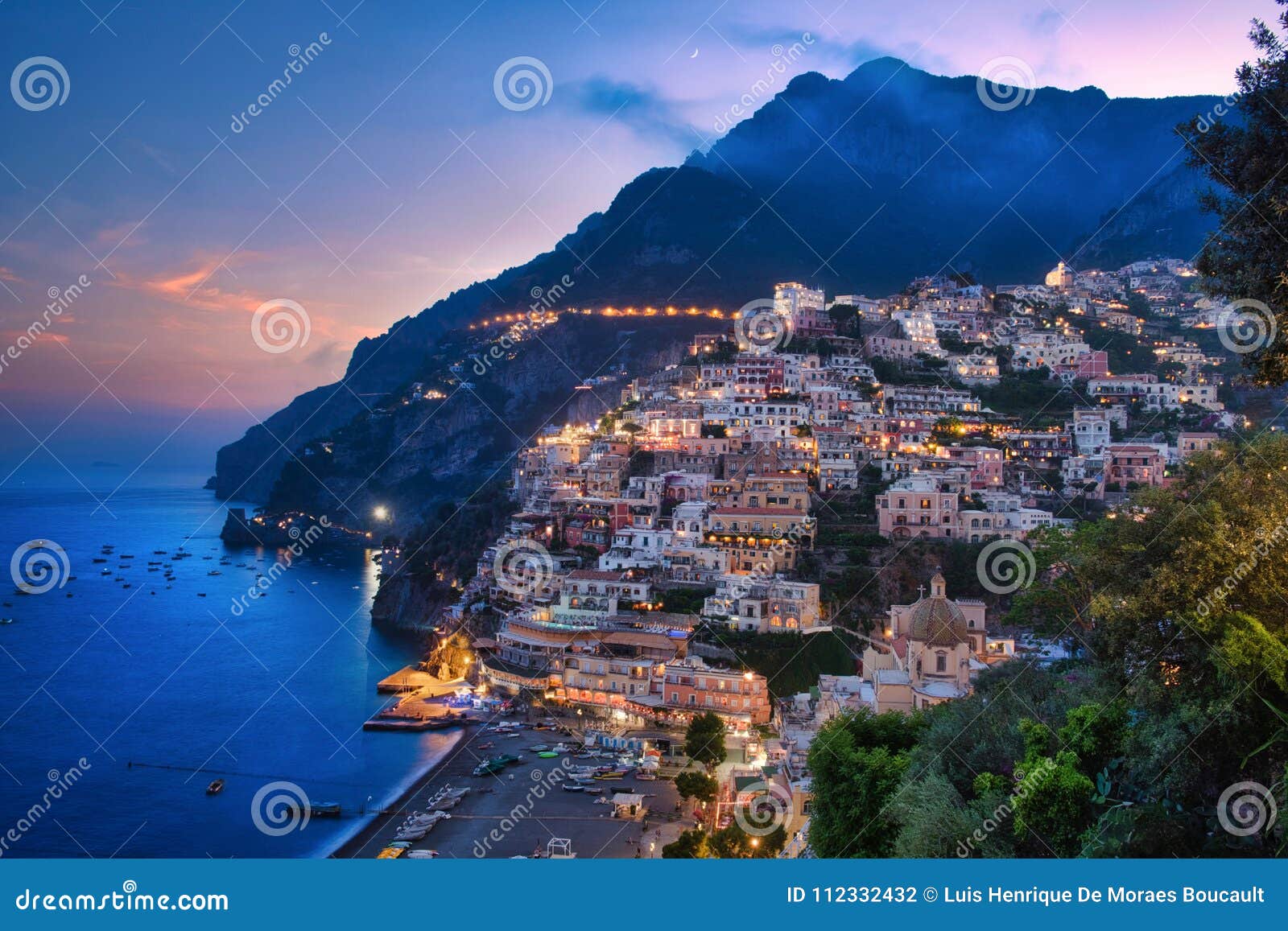 Positano sunset stock photo. Image of cliffs, landmark - 112332432