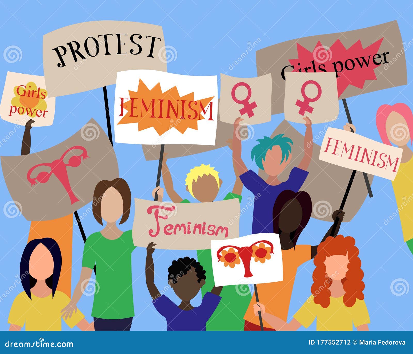 Protesting Girls With A Placard. Feminist Strike. Women Riot For ...