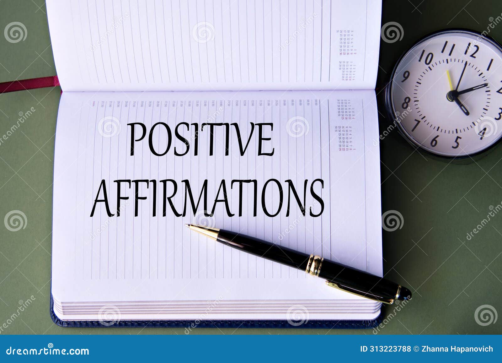 POSITIVE AFFIRMATIONS - Words in a White Notebook on a Dark Green ...