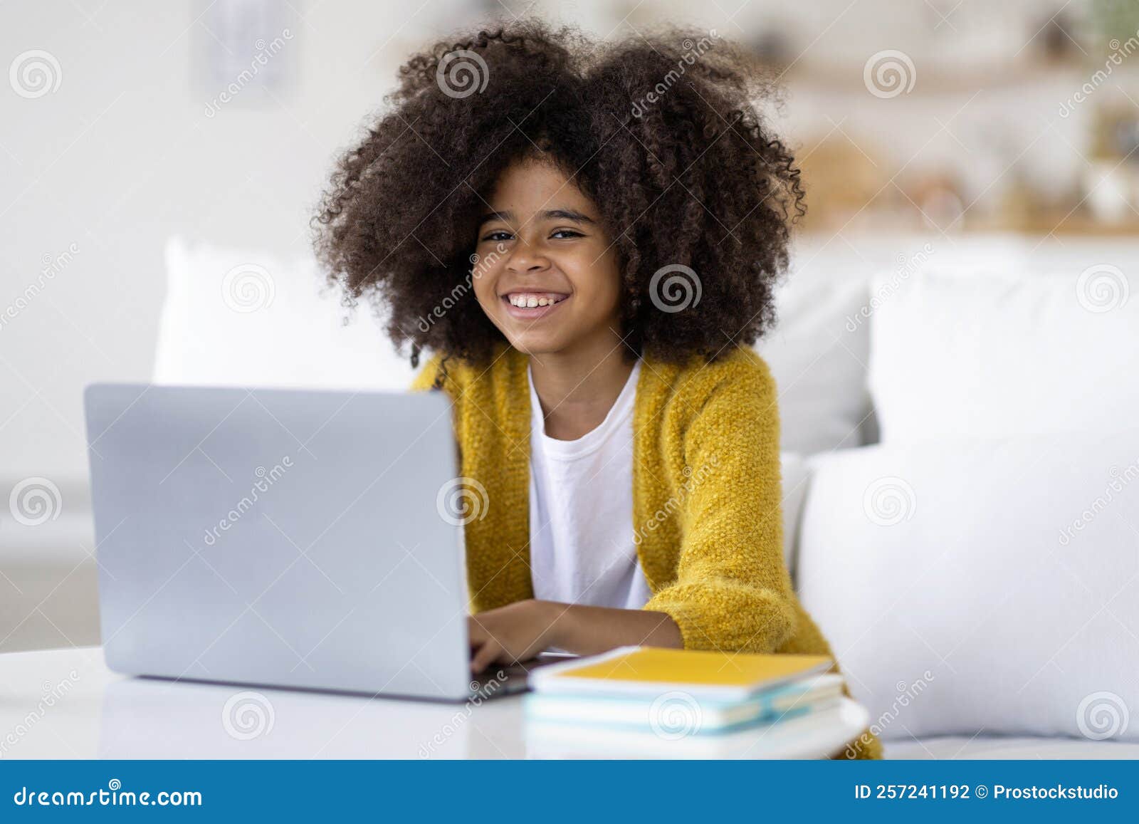 Positive African American Child Studying from Home, Using Laptop Stock ... Positive African American Child Studying from Home, Using Laptop Stock ...