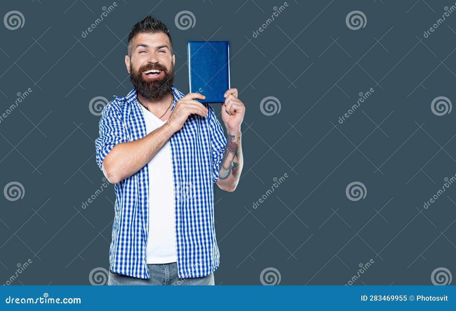 Positive Bearded Man Recommend Book on Grey Background Stock Image ...