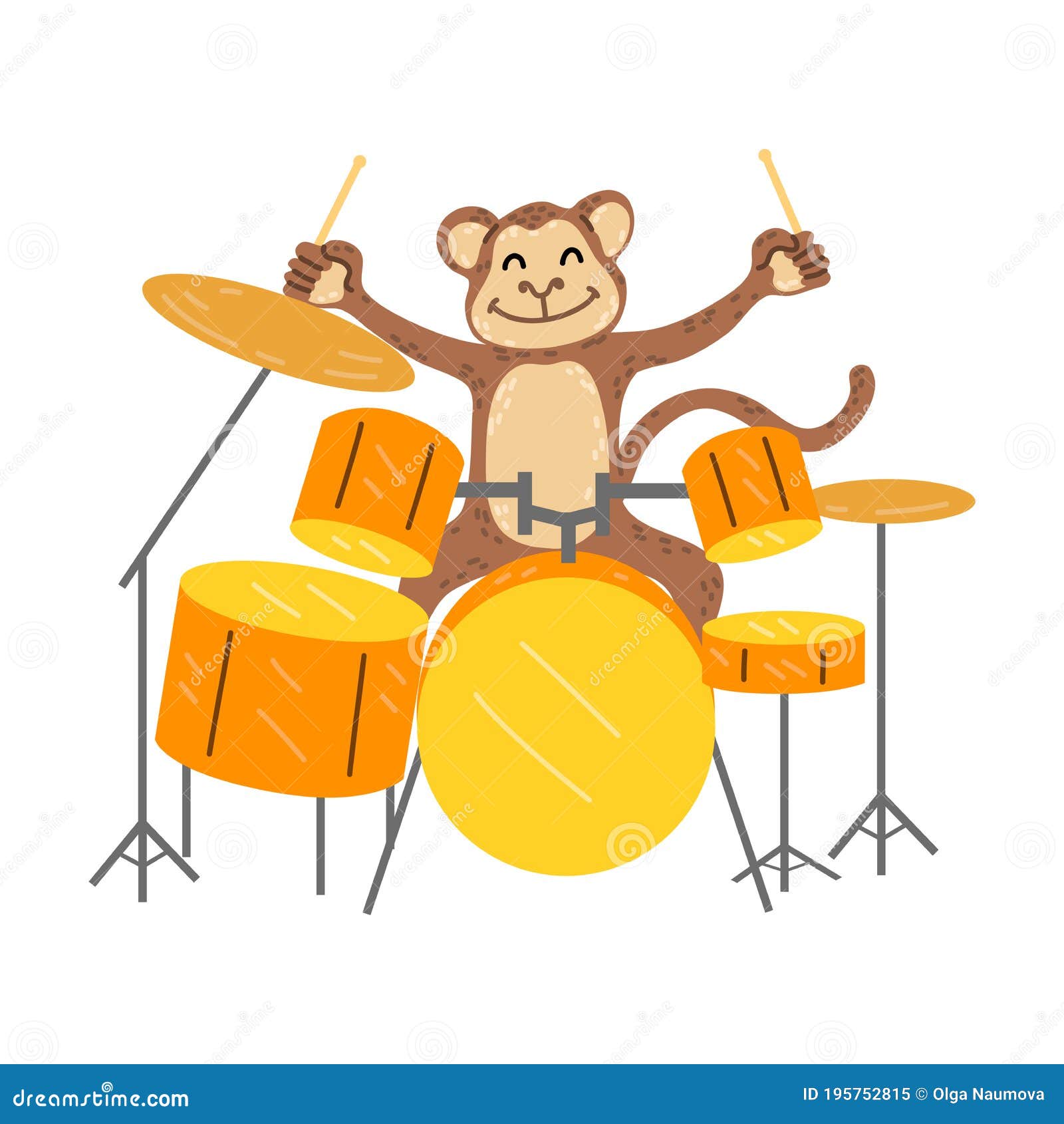 Positive Brown Monkey Sitting at Drum Kit and Playing Percussion ...