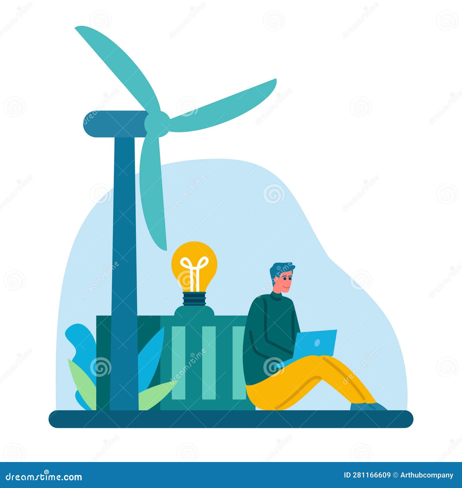 Positive Cartoon Guy Works on Notebook that Charged by Windmills Vector ...