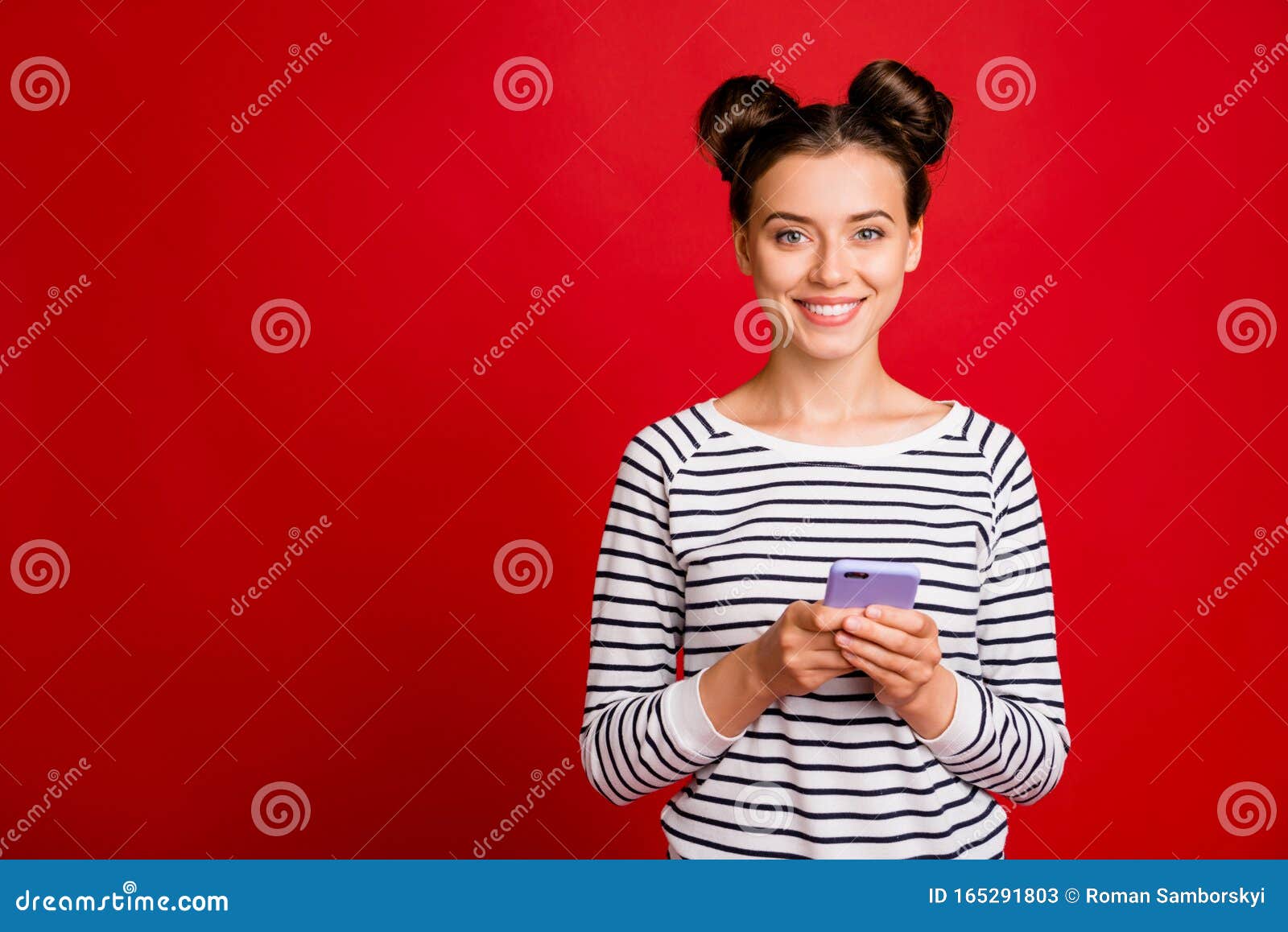 Positive Cheerful Girl Blogger Use Smartphone Enjoy Social Media