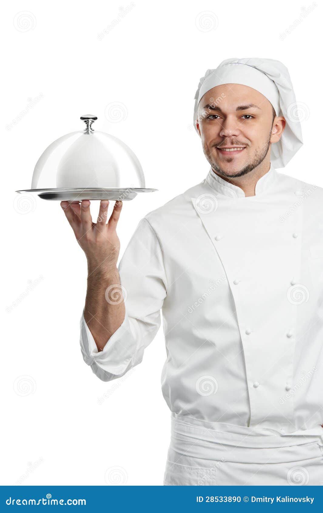 Positive Chef with Cloche Lid Cover Isolated Stock Photo - Image of ...