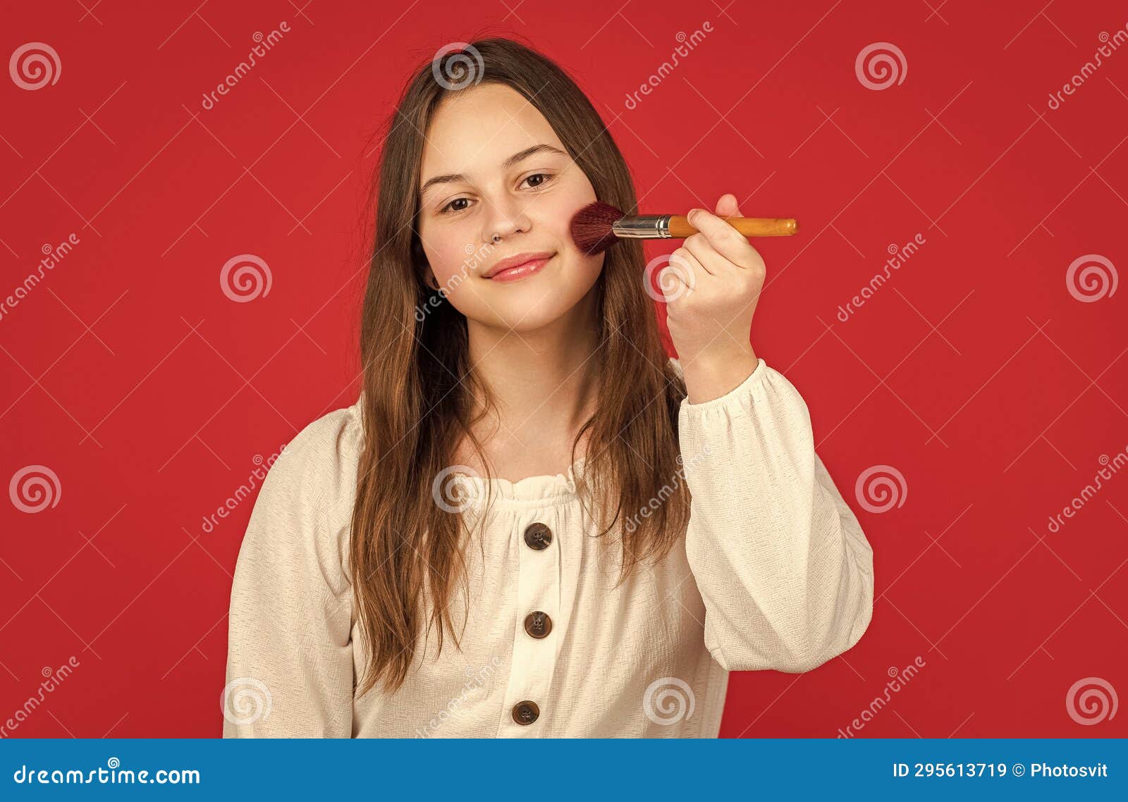 Positive Child Apply Powder on Face with Makeup Brush Stock Image ...