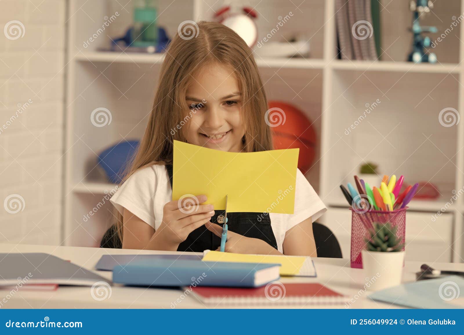 Positive Child Cut Paper in School Classroom Stock Photo - Image of ...