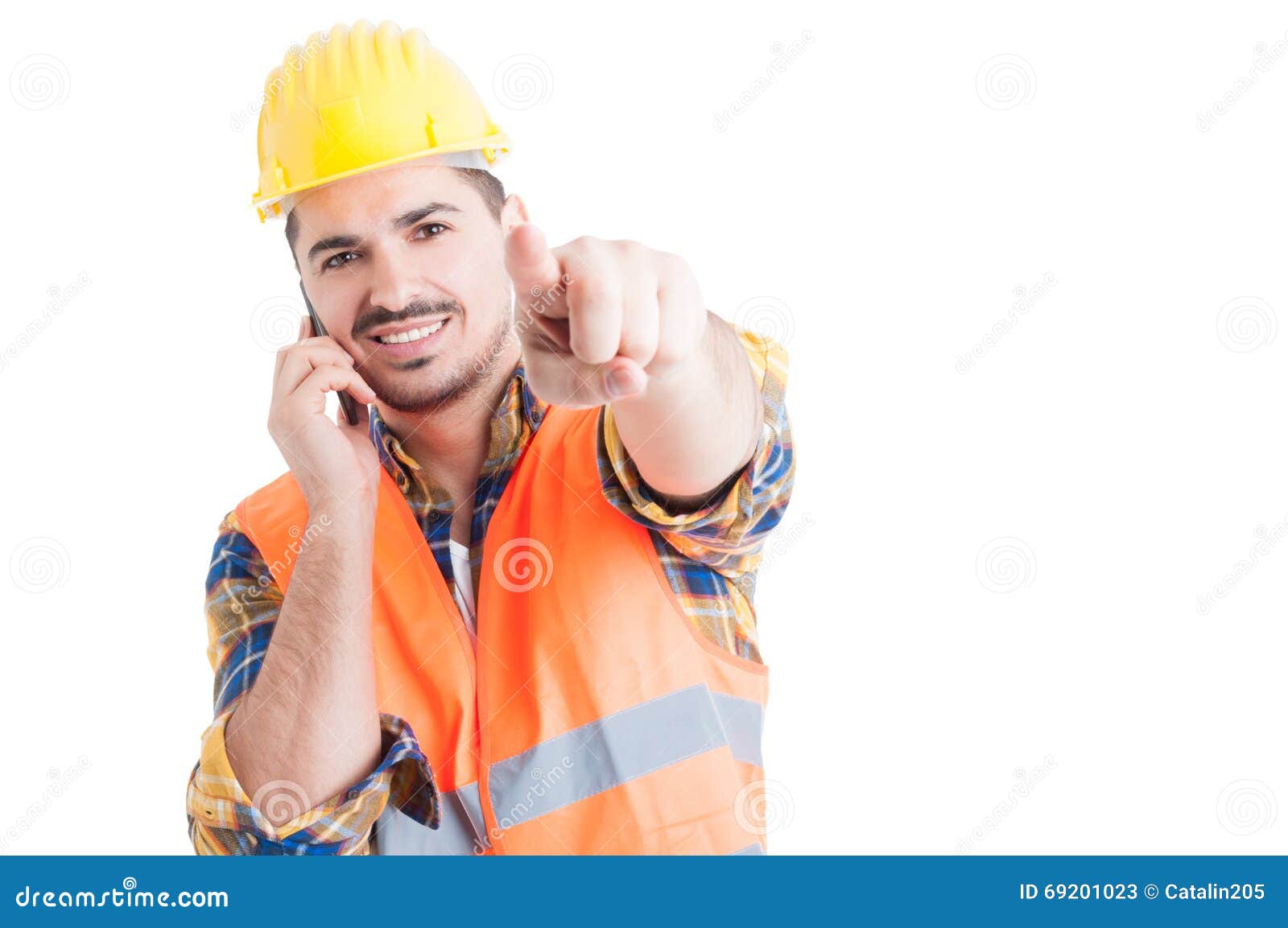 Positive Confident Engineer Smiling Pointing Finger You Stock Photos ...