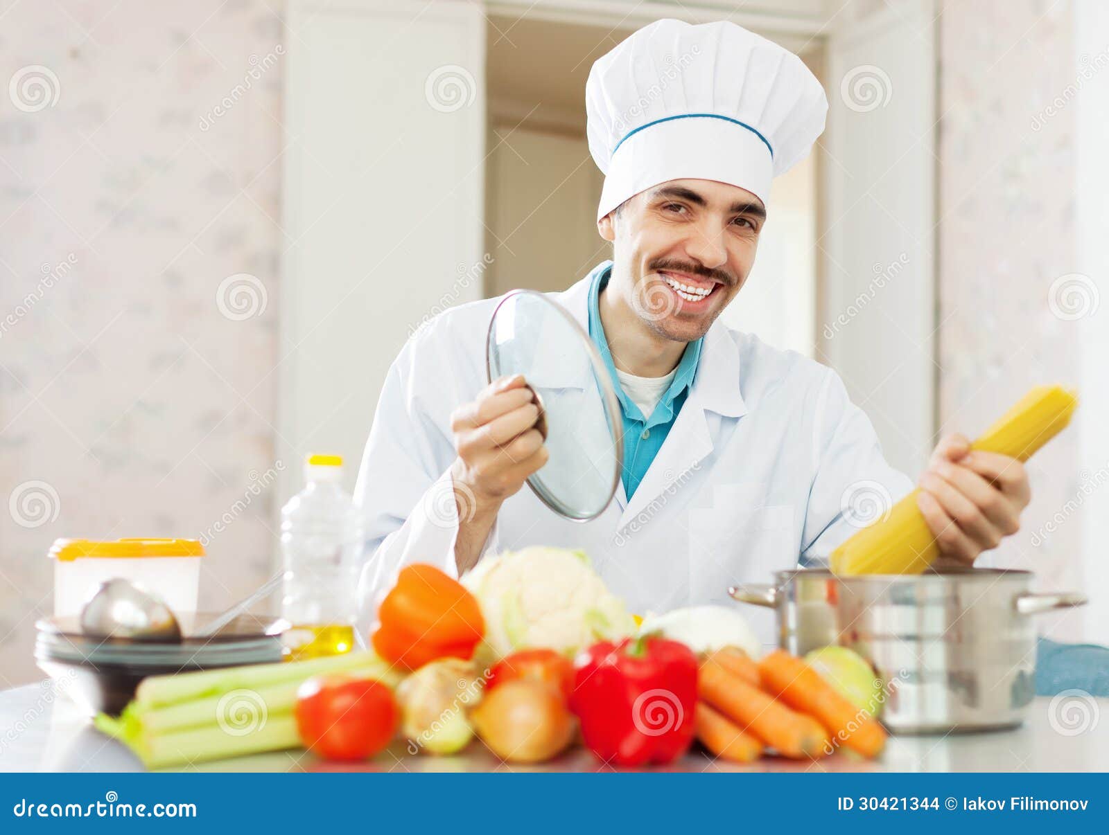 Positive Cook Cooking with Spaghetti Stock Photo - Image of vegetables ...