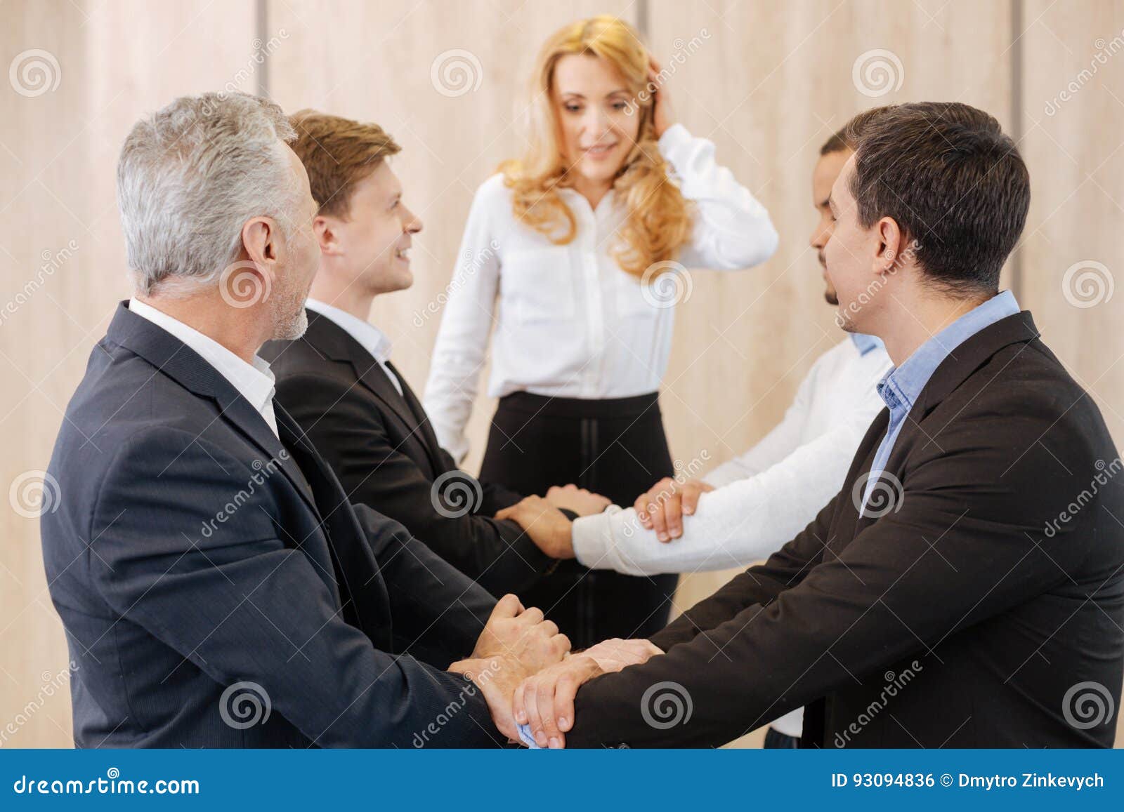 Positive Delighted Men Standing in Pairs Stock Photo - Image of ...
