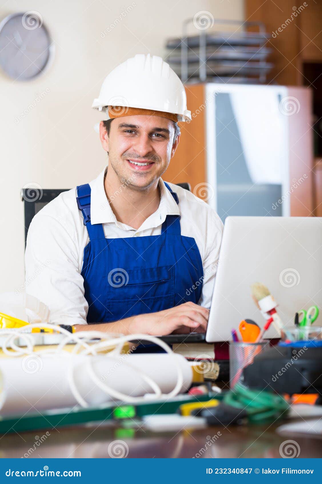 Constructor with Tools and Blueprints in Office Stock Image - Image of ...