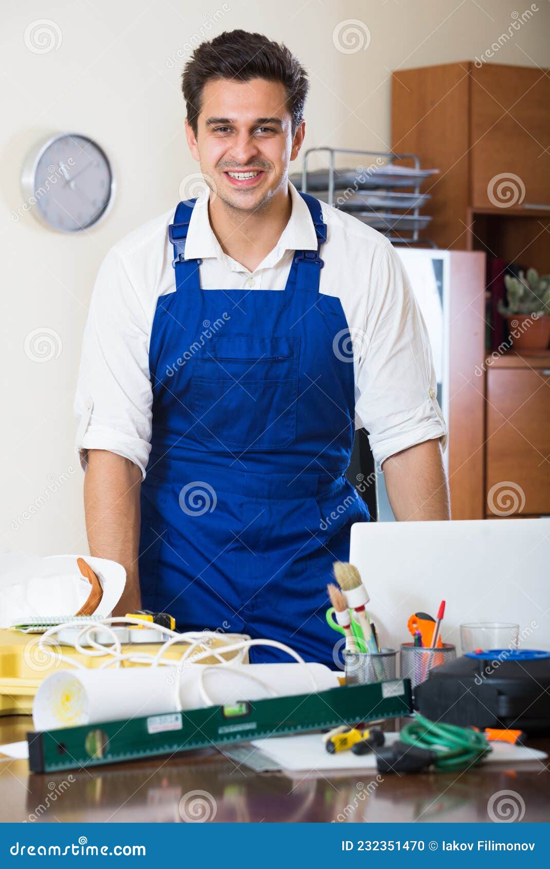 Constructor with Tools and Blueprints in Office Stock Photo - Image of ...