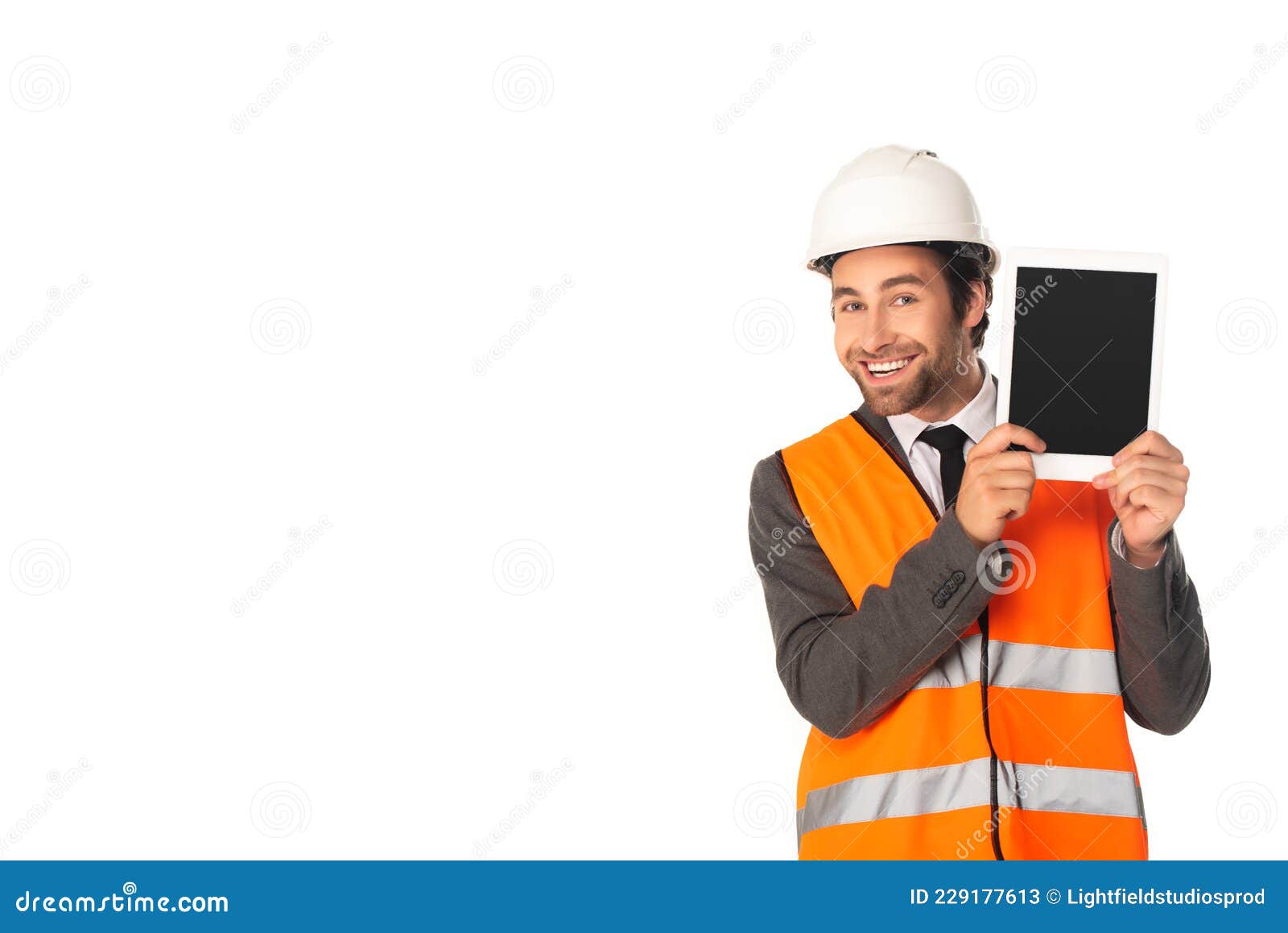 Positive Engineer Showing Digital Tablet and Stock Image - Image of ...