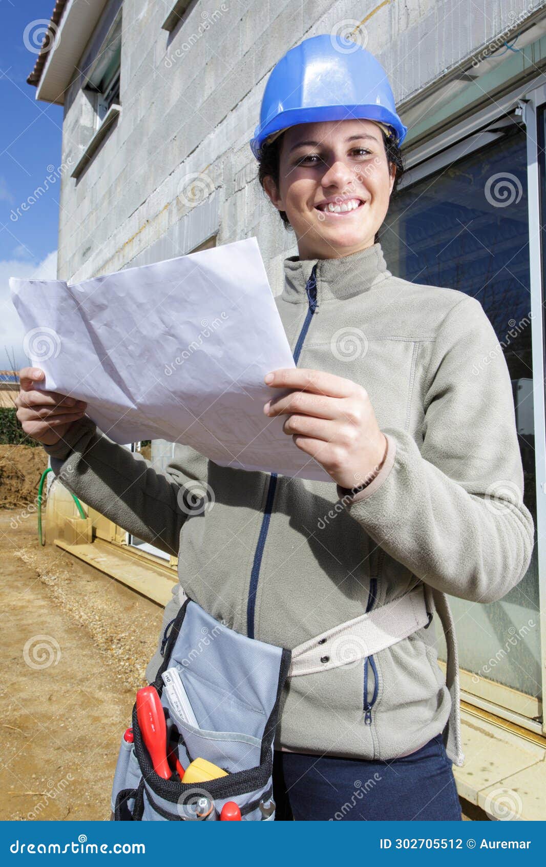 Positive Female Builder Smiling at Camera with Plan Stock Photo - Image ...