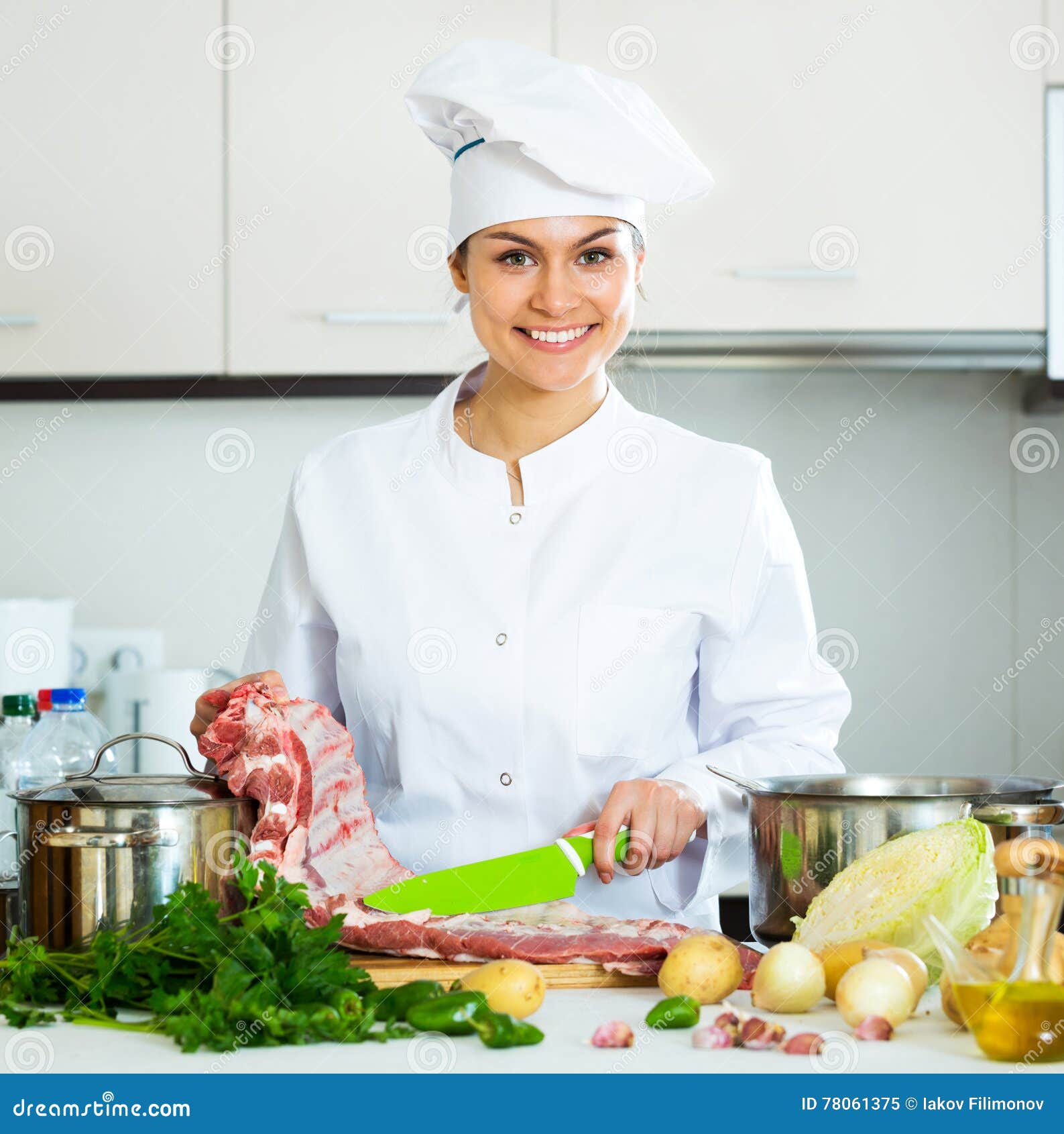 Positive Female Chef Working with Pork Ribs Stock Image - Image of girl ...