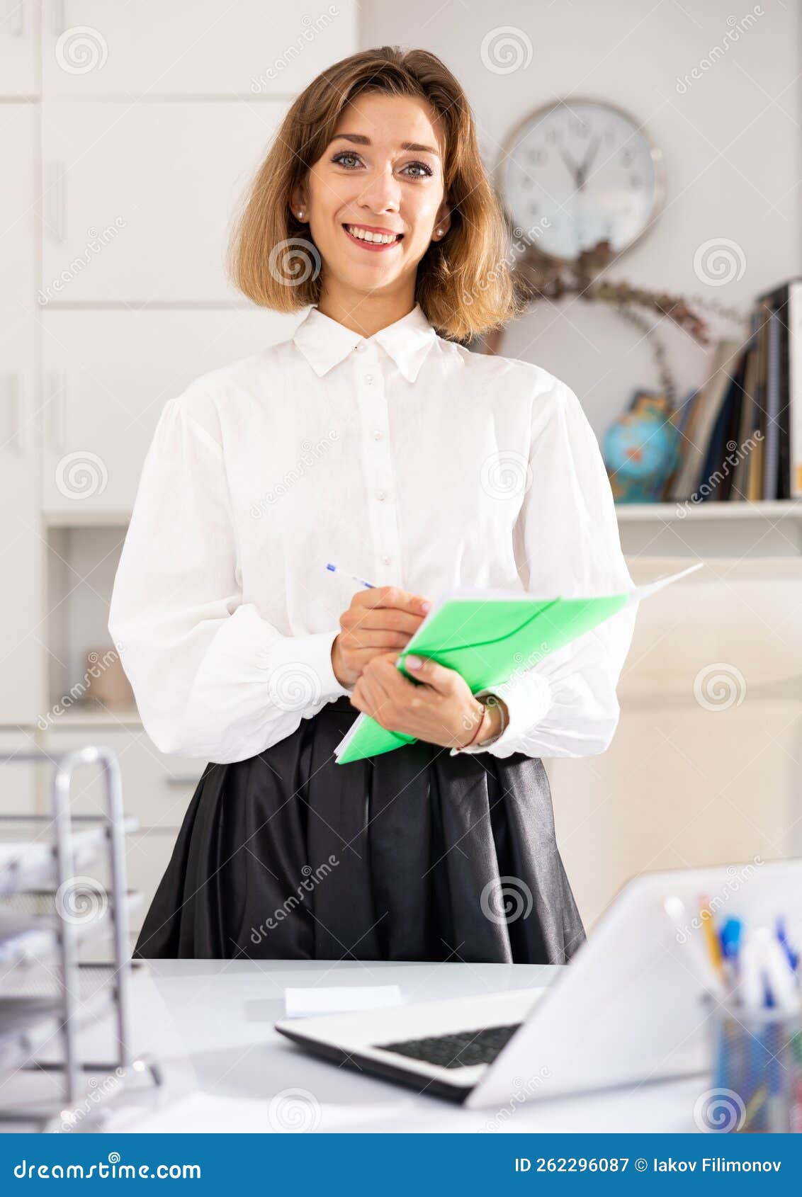 Positive Girl Secretary with Folder for Documents in Office Stock Image ...