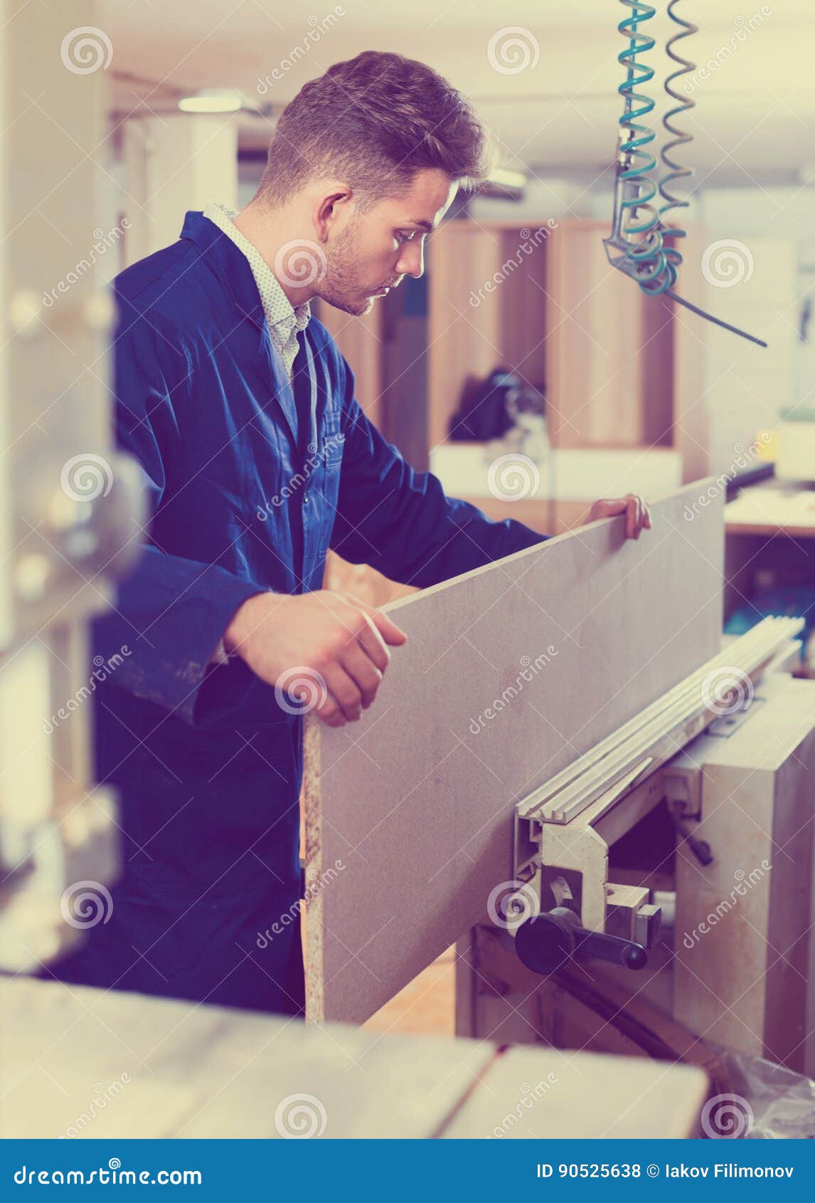 Positive Guy Fixing Chipboard on Table at Workshop Stock Photo - Image ...