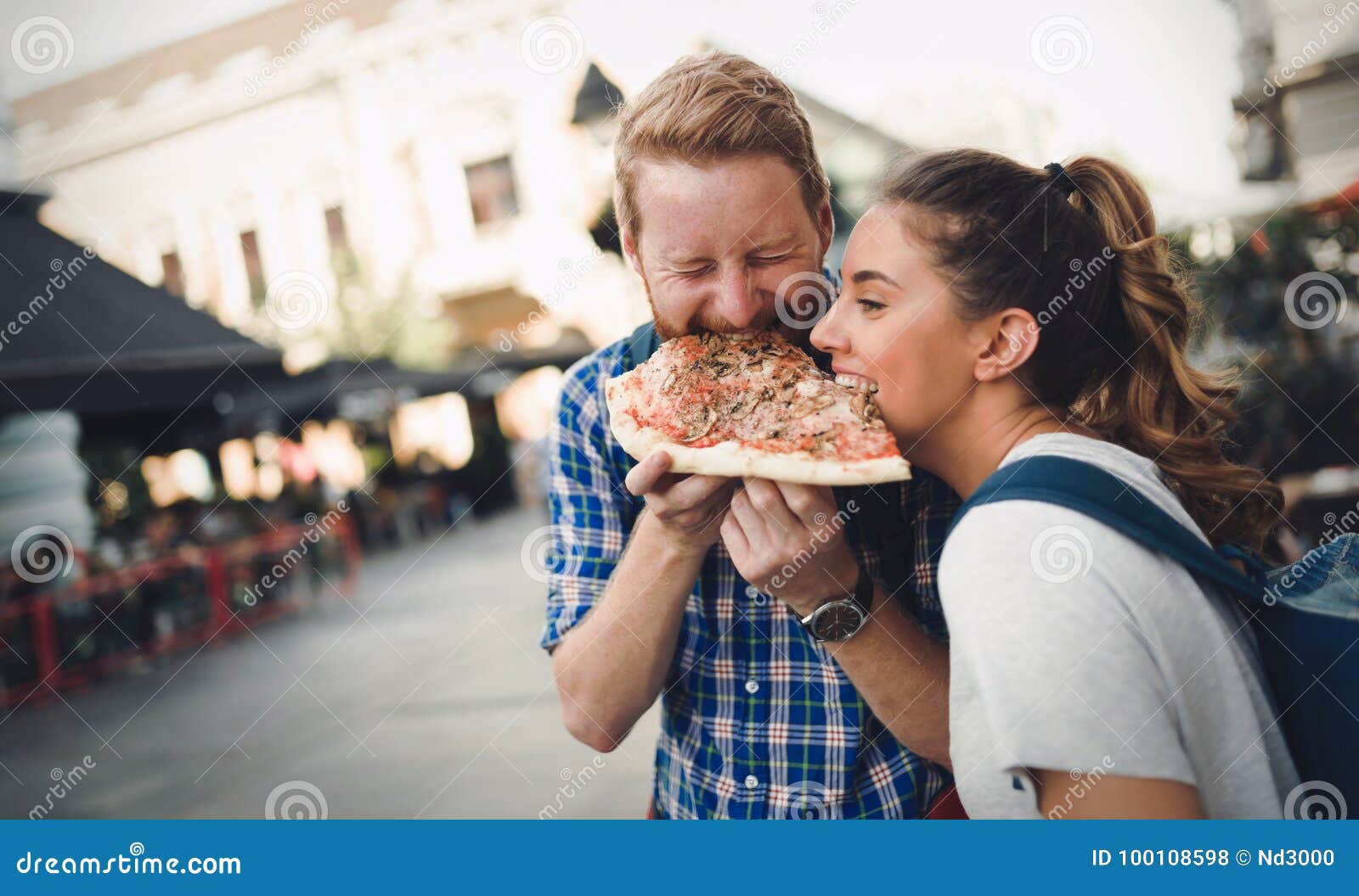 Happy Students Eating Pizza on Street Stock Photo - Image of meal ...