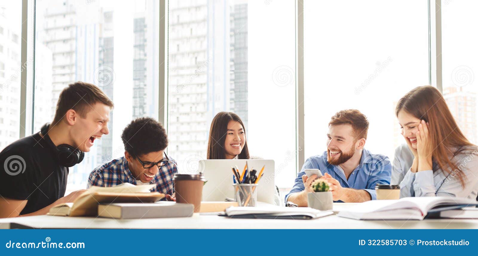 Positive International Students Learning at University Library Stock ...