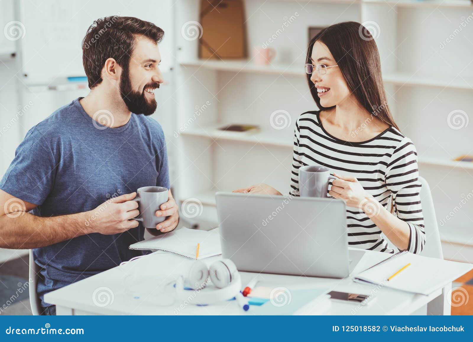 Positive Joyful Colleagues Having Tea Stock Photo - Image of connected ...